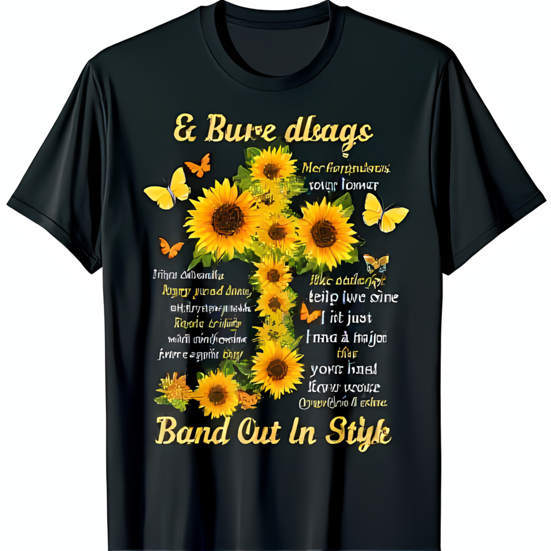 Black T-Shirt with Sunflower Design and Butterflies Bure dlsags Lyrics ...