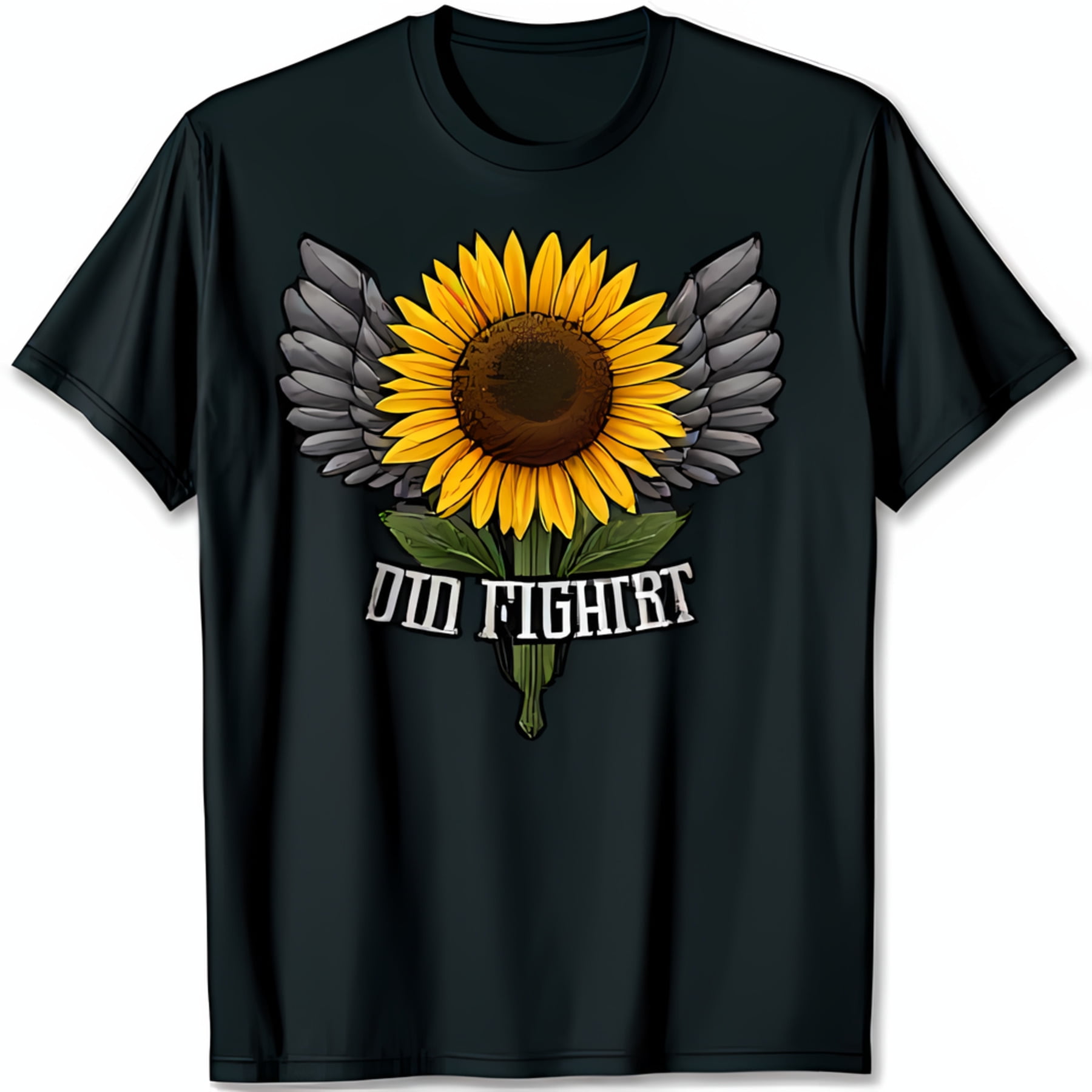 Black T-Shirt with Sunflower Graphic and Wing Design 'I DID FIGHT ...