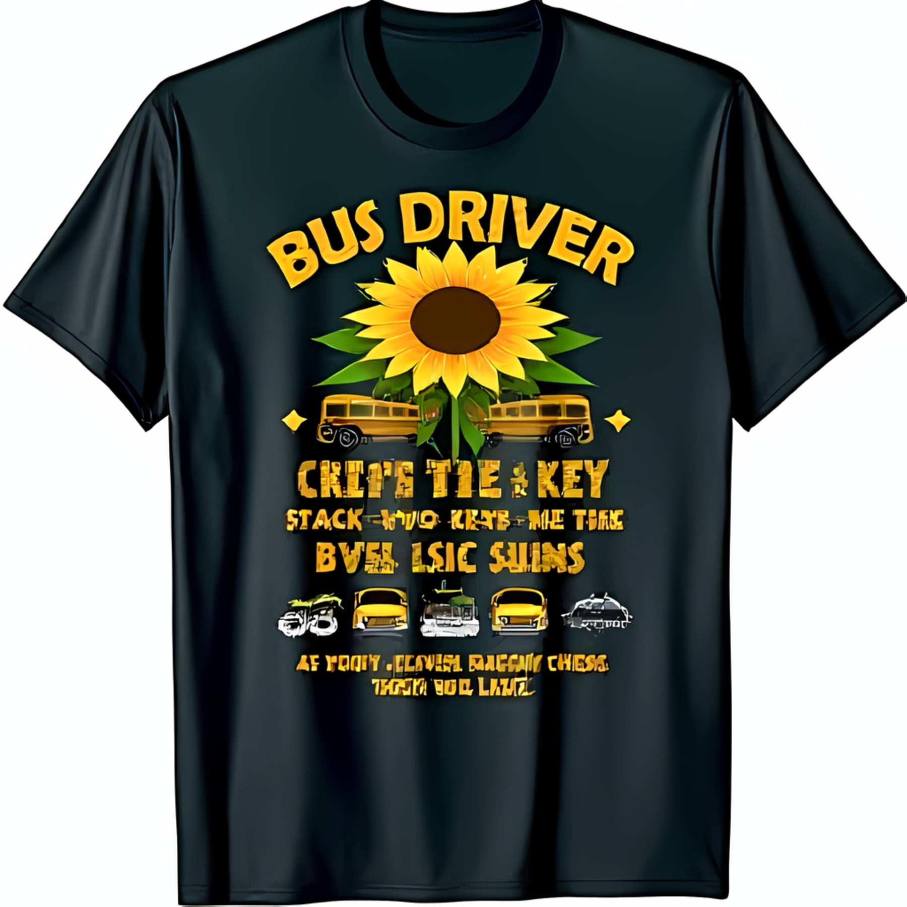 Black T-Shirt with Sunflower & School Bus Graphic 'Bus Driver' Design ...