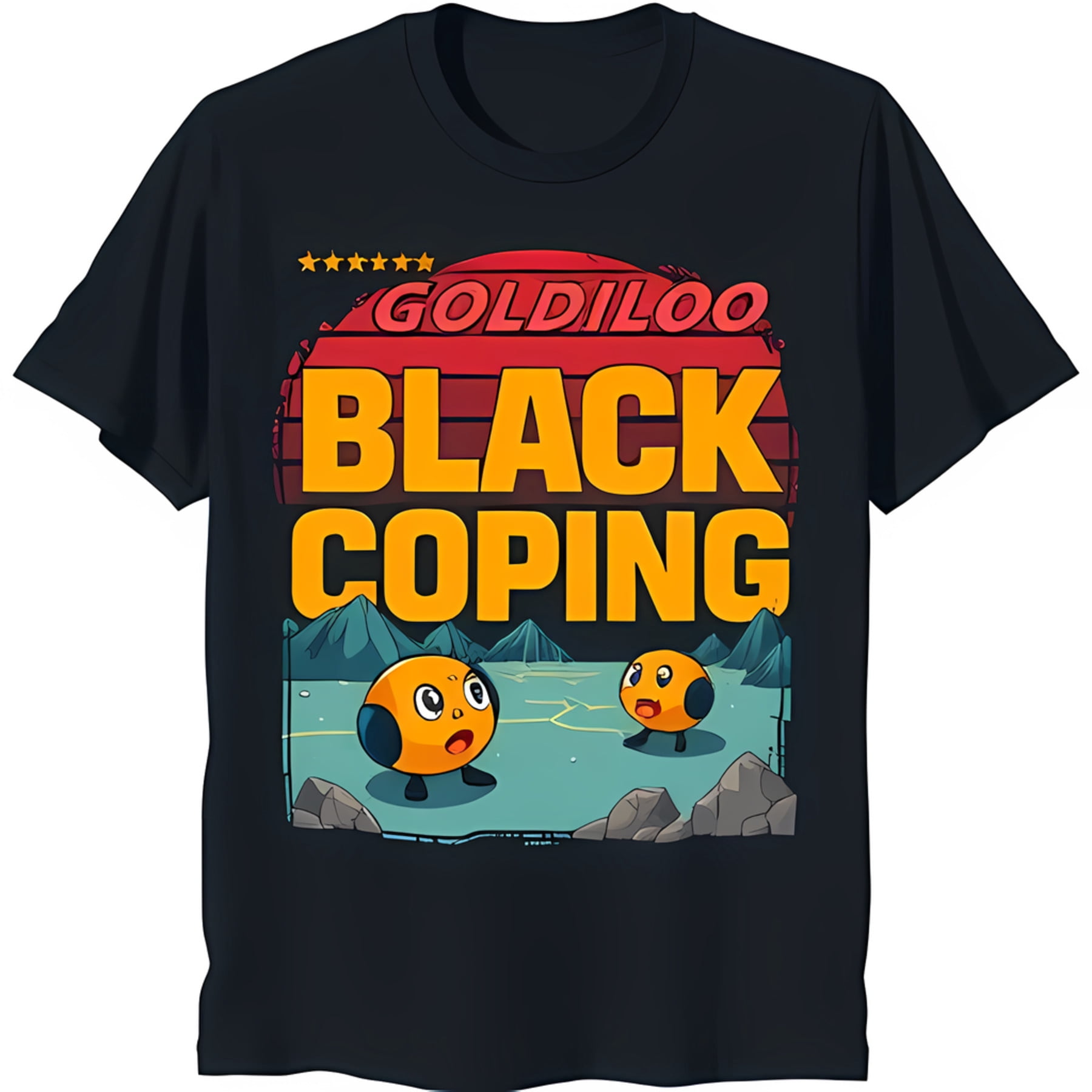 Black T-Shirt with Sunset Backdrop & Cartoon Characters 'Goldiloo Black ...
