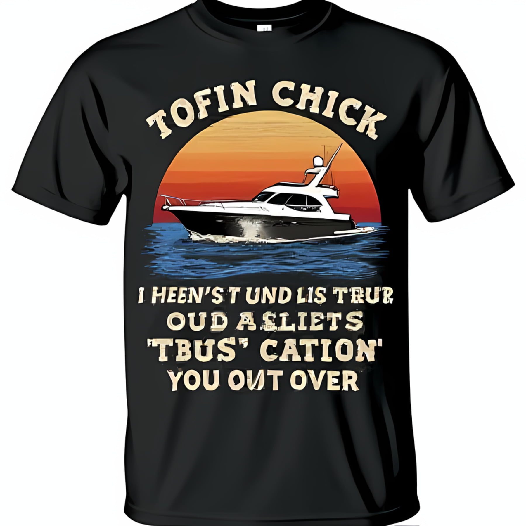 Black T-Shirt with Sunset Boat Graphic and Tofin Chick Text Design ...