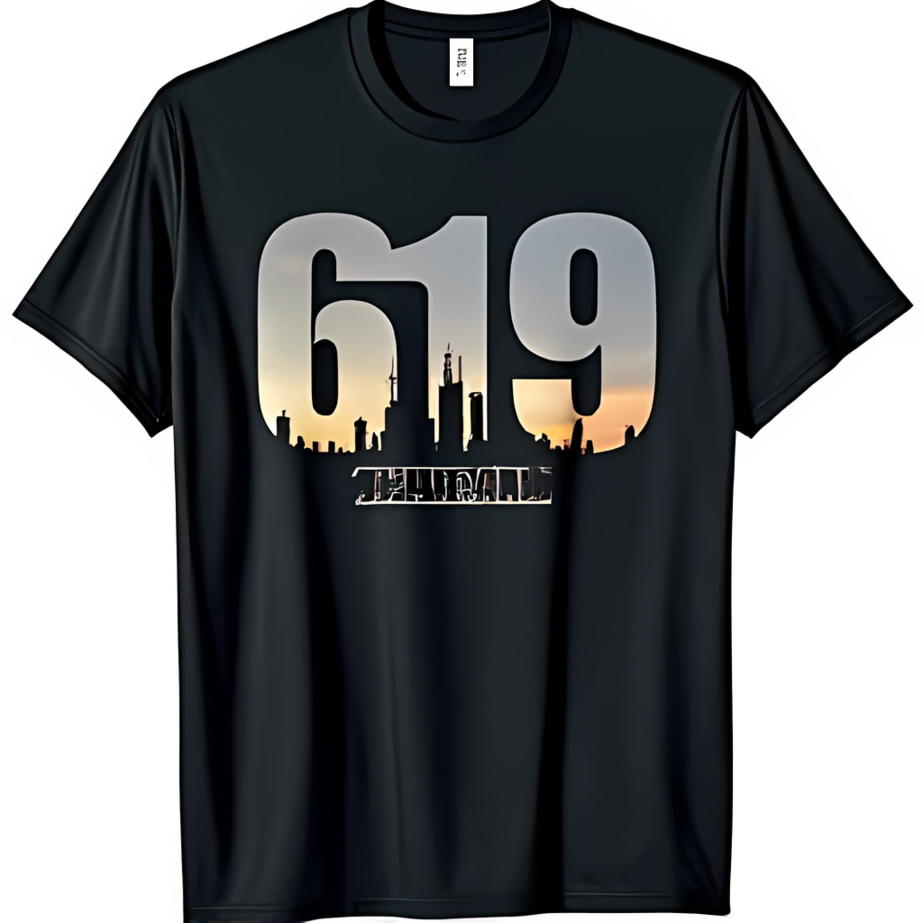 Black T-Shirt with Sunset Cityscape 619 Design & The Ville Outline ...