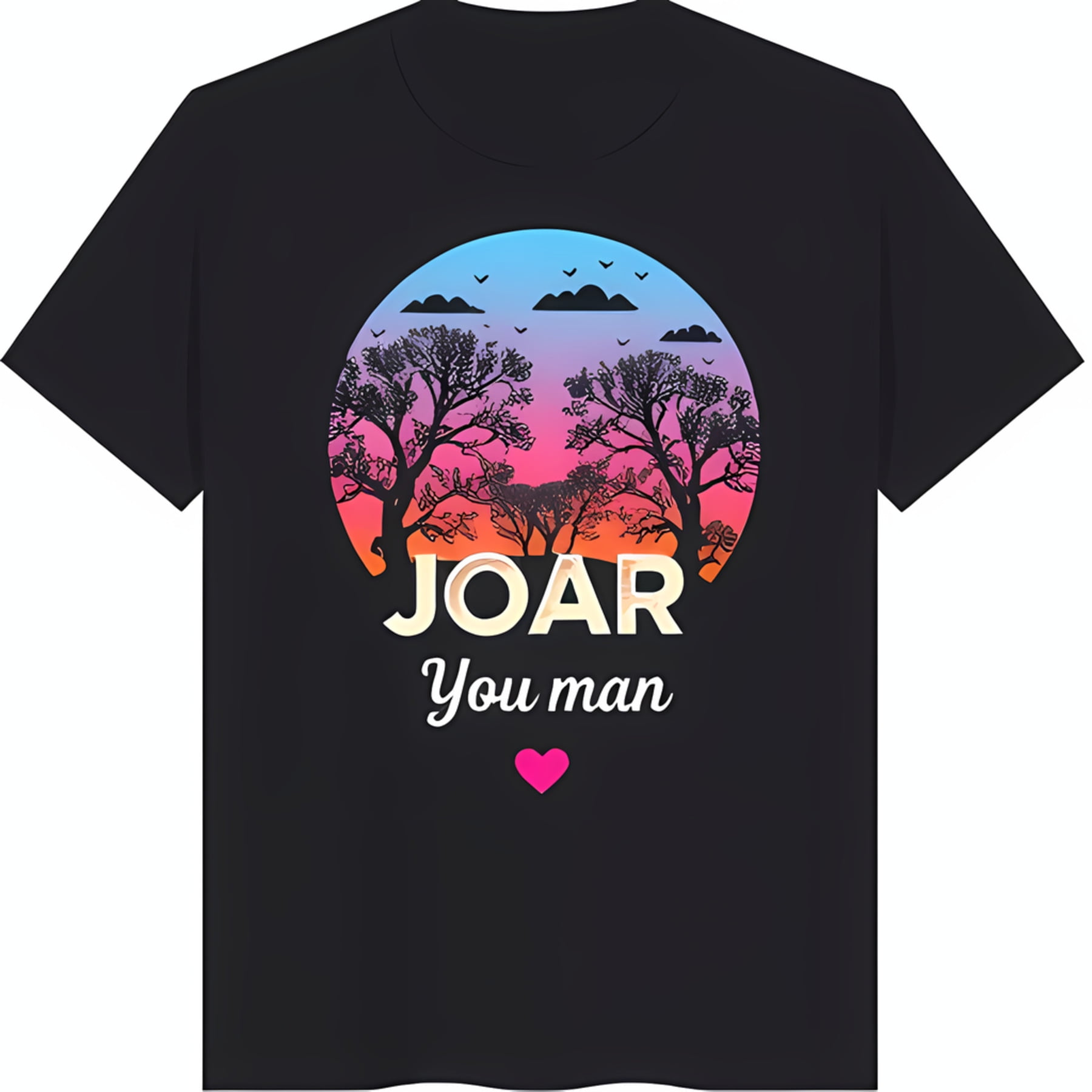 Black T-Shirt with Sunset Forest Graphic & 'JOAR You Man' Text Heart ...
