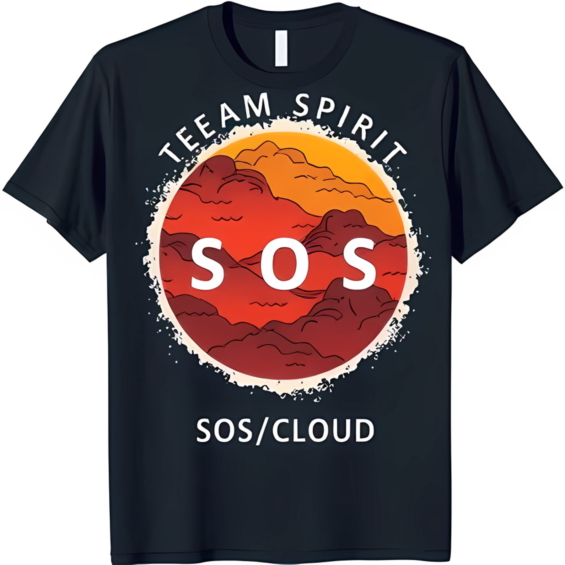 Black T-Shirt with Sunset Mountain Waves Design 'TEAM ' & 'SOS' Print ...