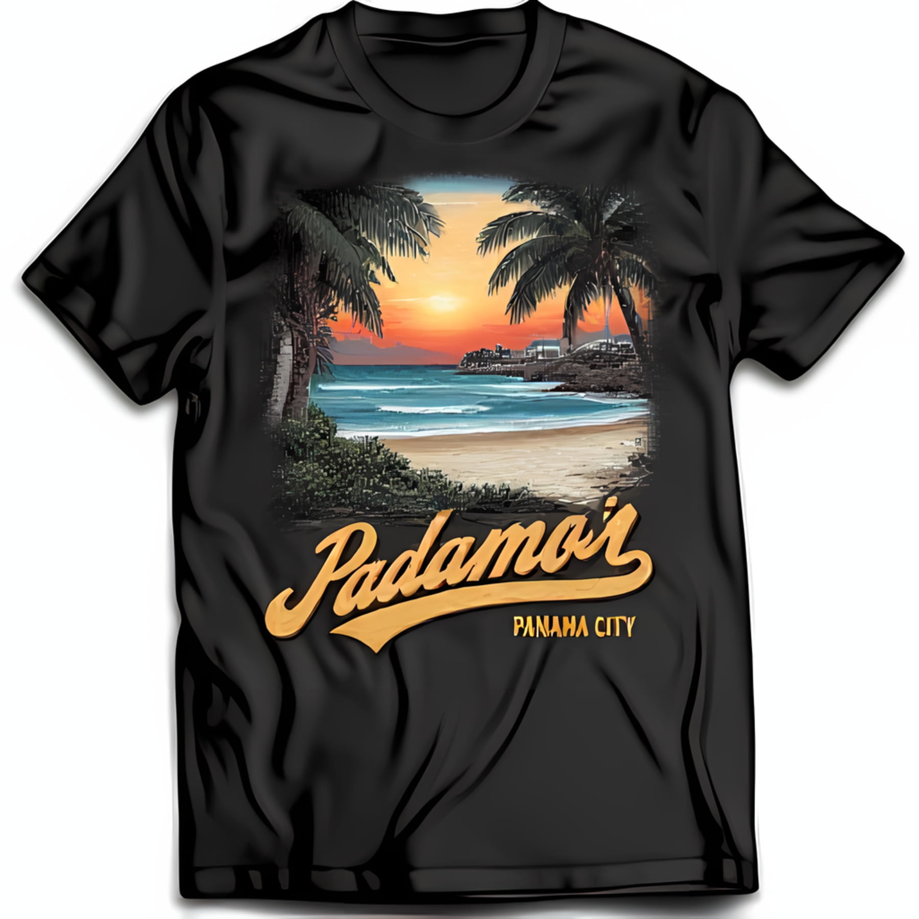 Black T-Shirt with Sunset Scene Trees & Beach Padamoir Panama City in ...