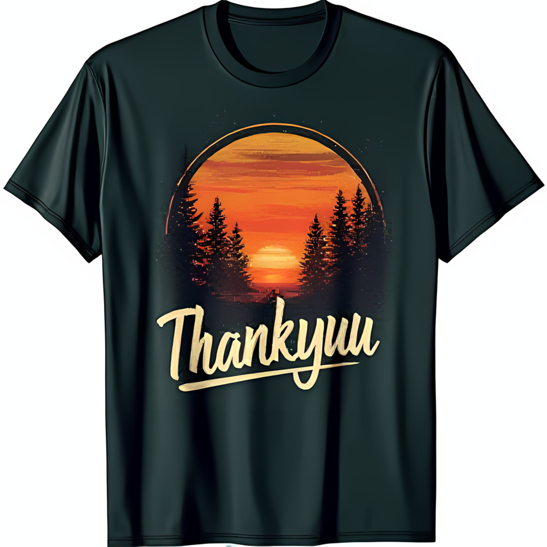 Black T-Shirt with Sunset Scene and Pine Trees 'Thankyuu' in Gold ...