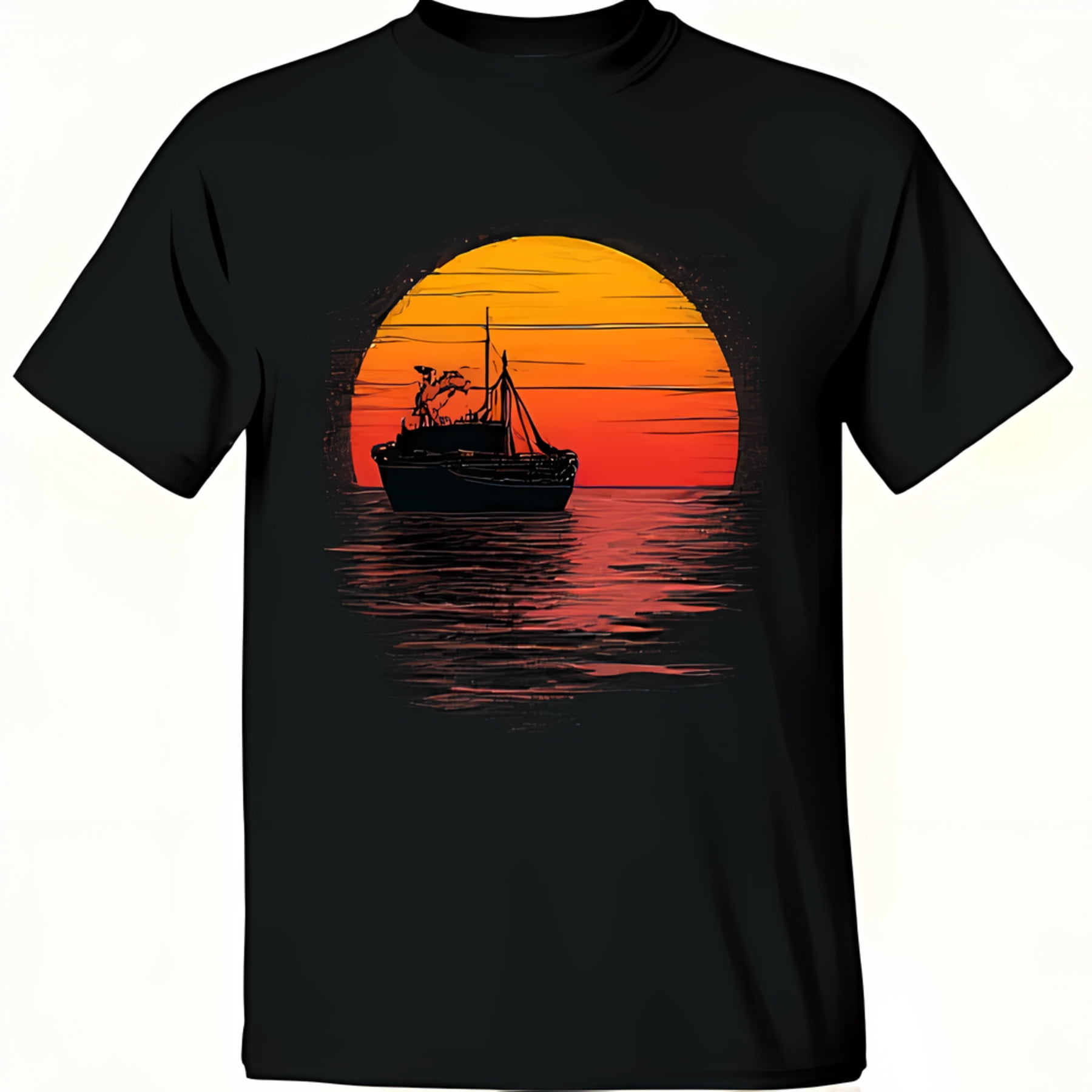 Black T-Shirt with Sunset Ship Graphic Print Vibrant & Red Design ...