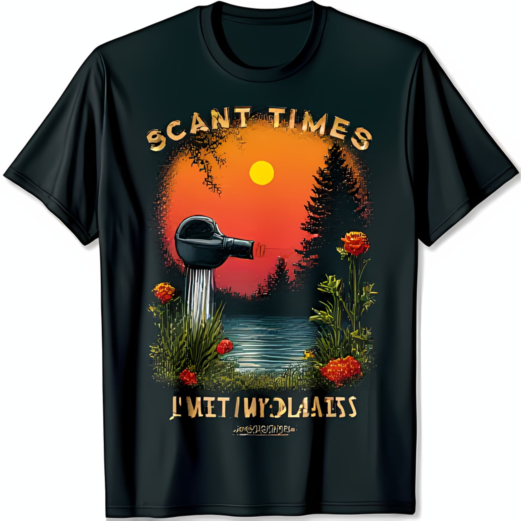 Black T-Shirt with Sunset Trees & Water Pump Graphic 'Scant Times I Met ...