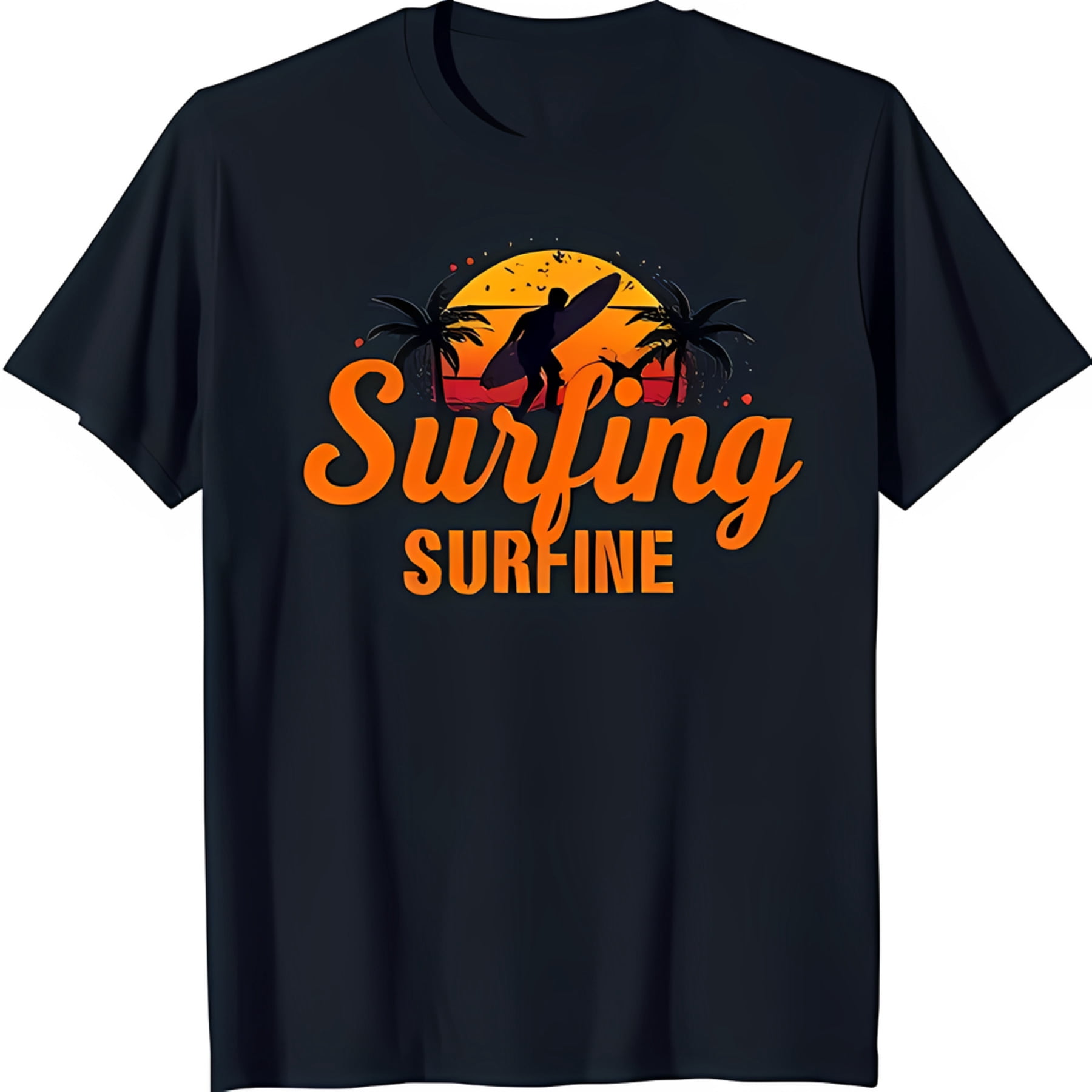 Black T-Shirt with Surfer Design Wave & Trees 'Surfing Surfine ...