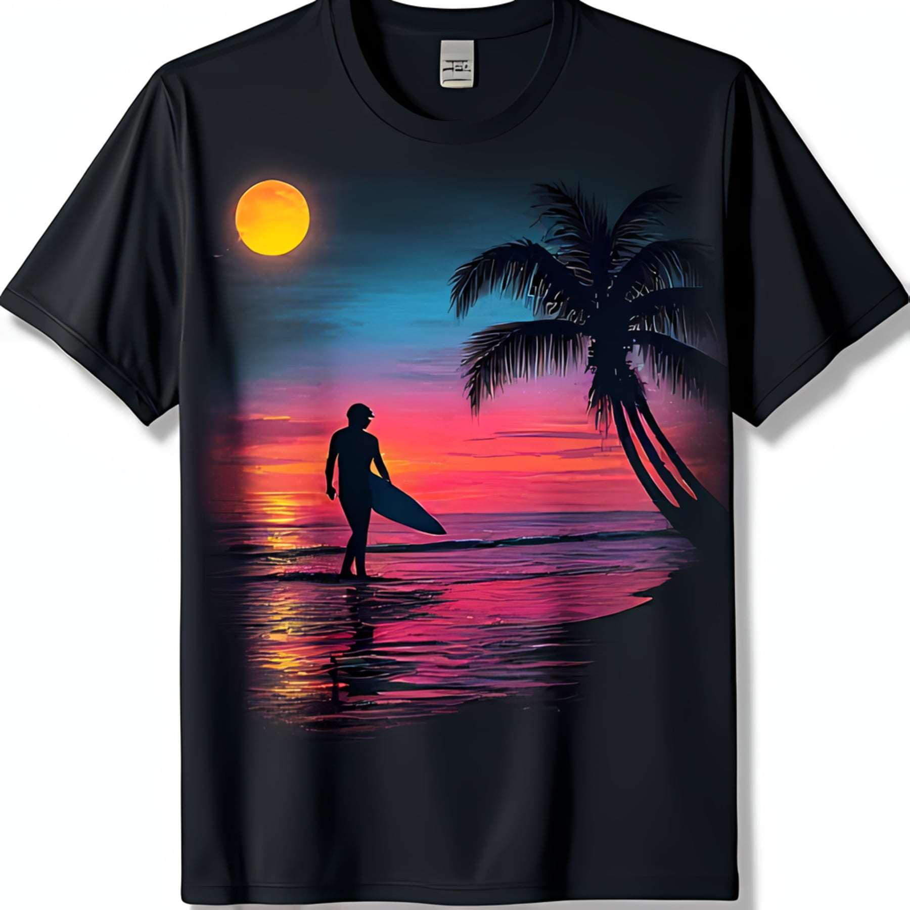 Black T-Shirt with Surfer Graphic Vibrant Sunset & Tree Design ...