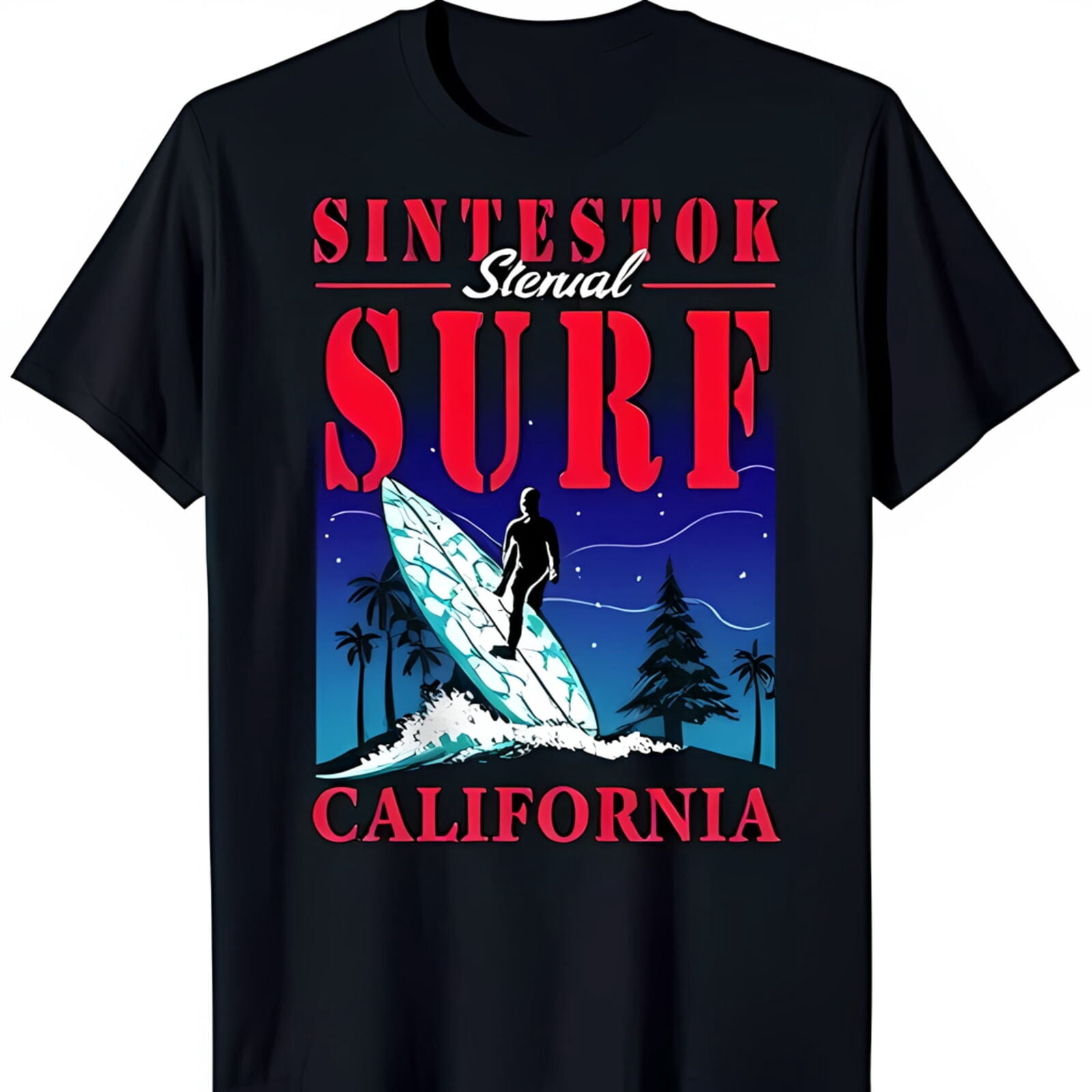 Black T-Shirt with Surfer and Sunset Graphic SINTESTOK Stenval Surf ...