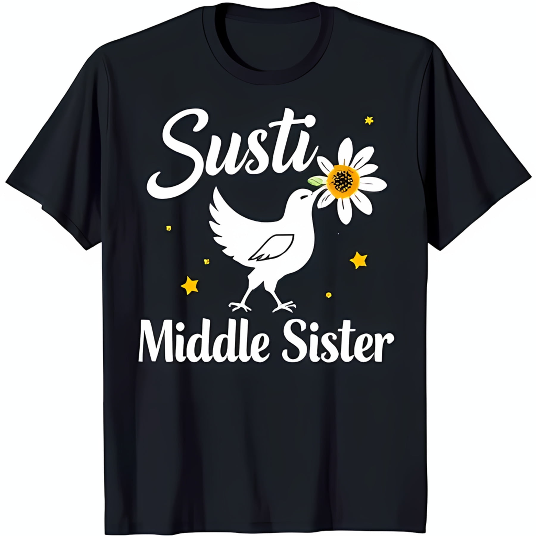 Black T-Shirt with 'Susti Middle Sister' Design White Bird & Sunflower ...