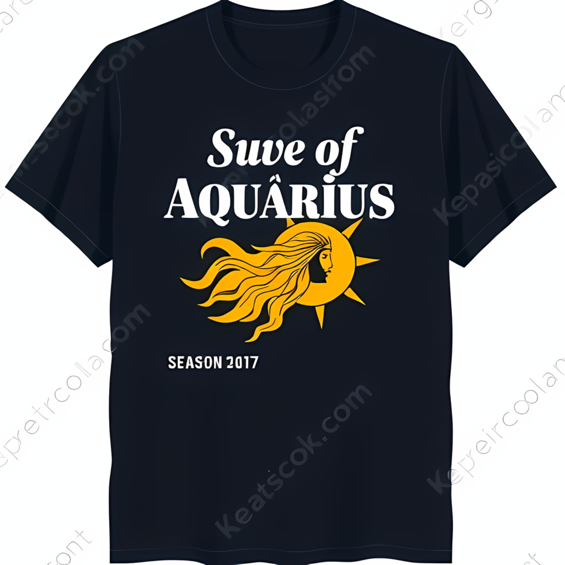 Black T-Shirt with 'Suve of Aquàrius' Graphic & Sun Woman Design Season ...