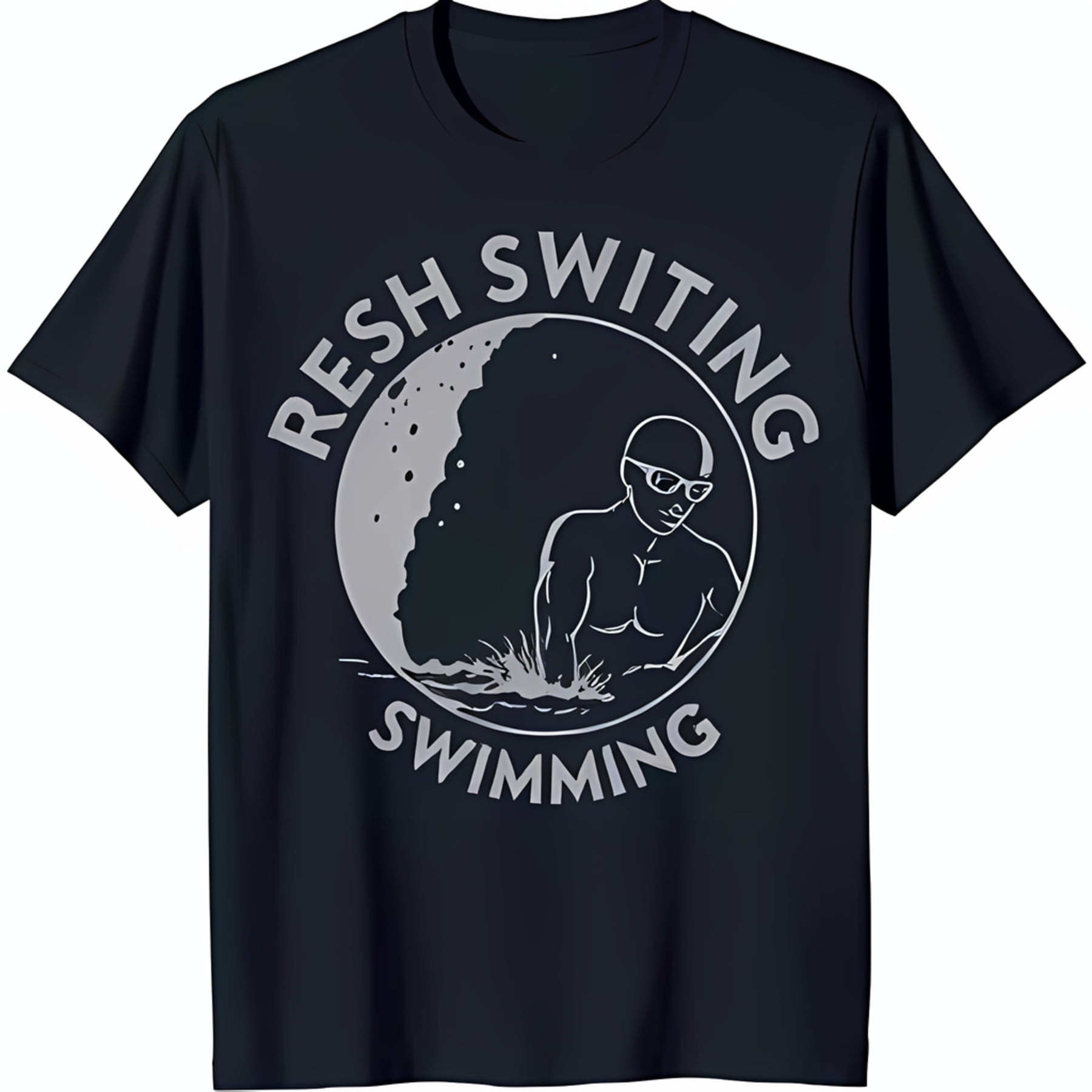Black T-Shirt with Swimmer Graphic 'RESH SWITING' & 'SWIMMING' Design ...