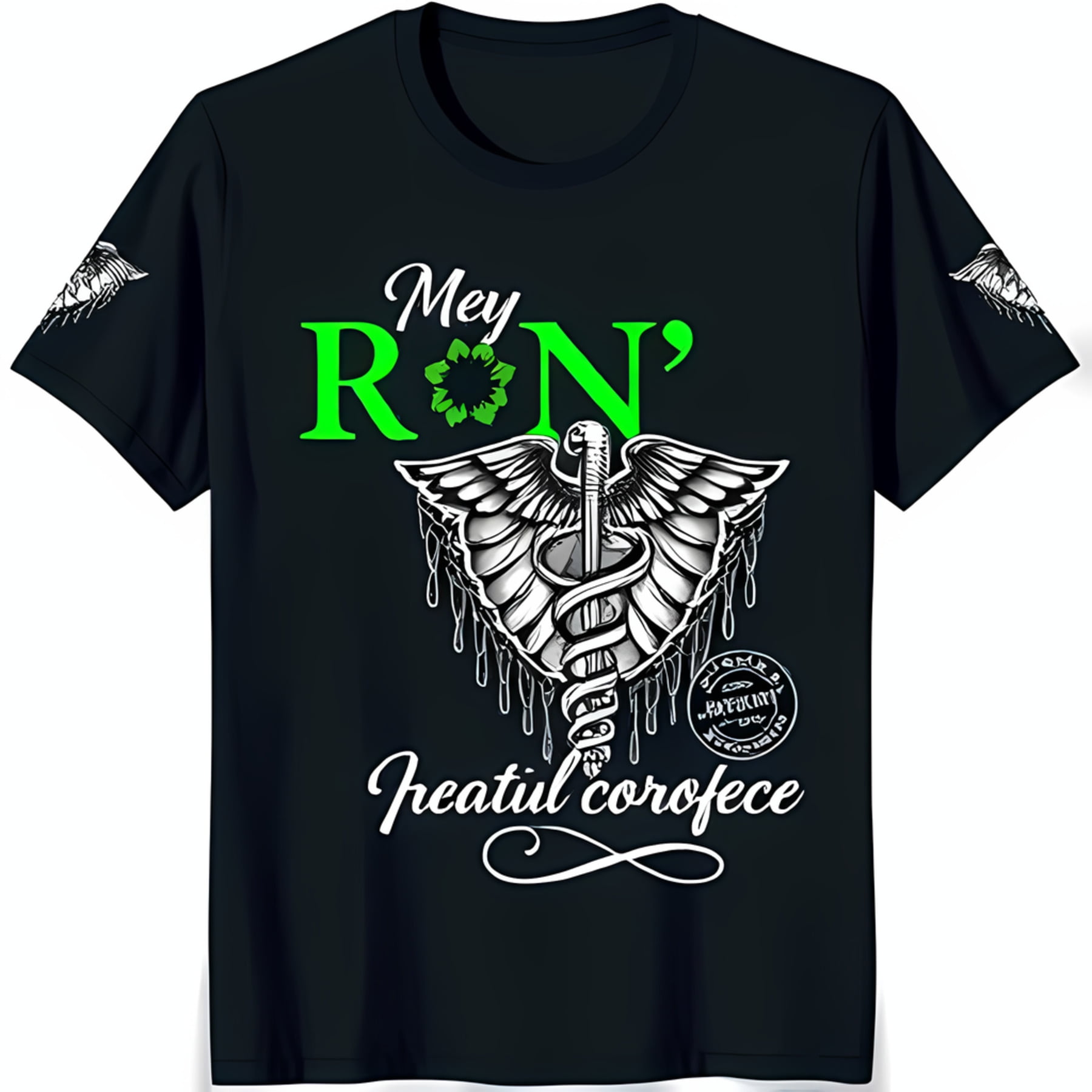 Black T-Shirt with Symbol Design Snake Wings & 'Mey RON' Text - Walmart.com