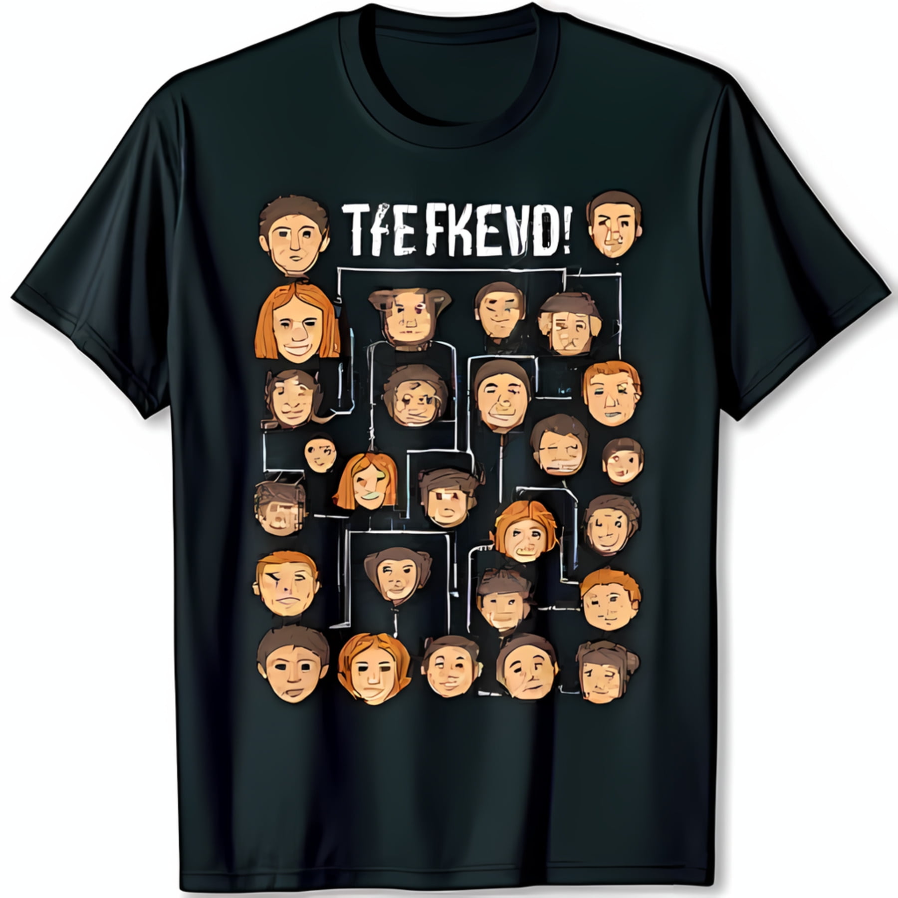 Black T-Shirt with THE FREAKEND Text and Cartoon Faces Design Unique ...
