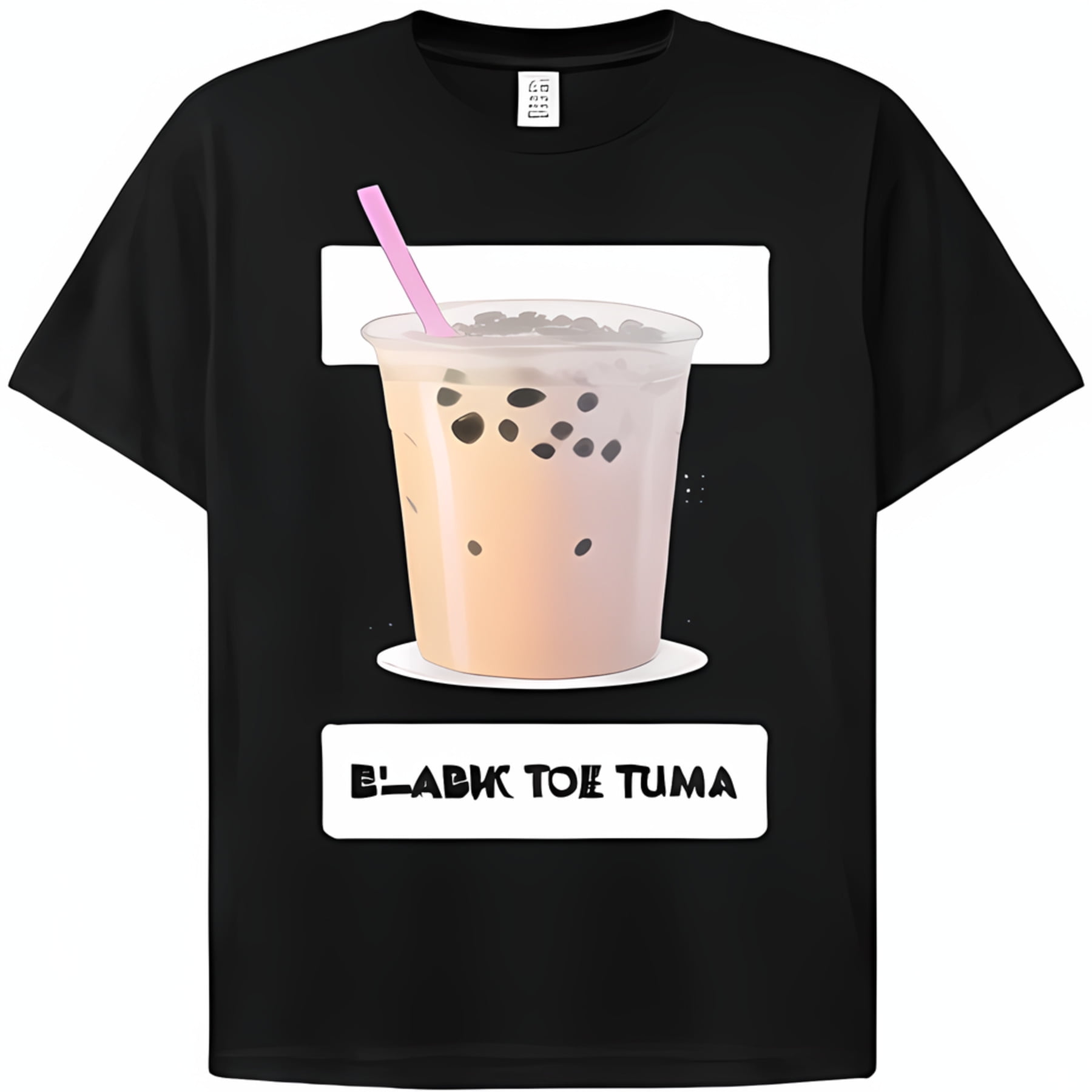 Black T-Shirt with Tea Graphic and 'BLACK TOE TUMA' Text Fun Bubble Tea ...