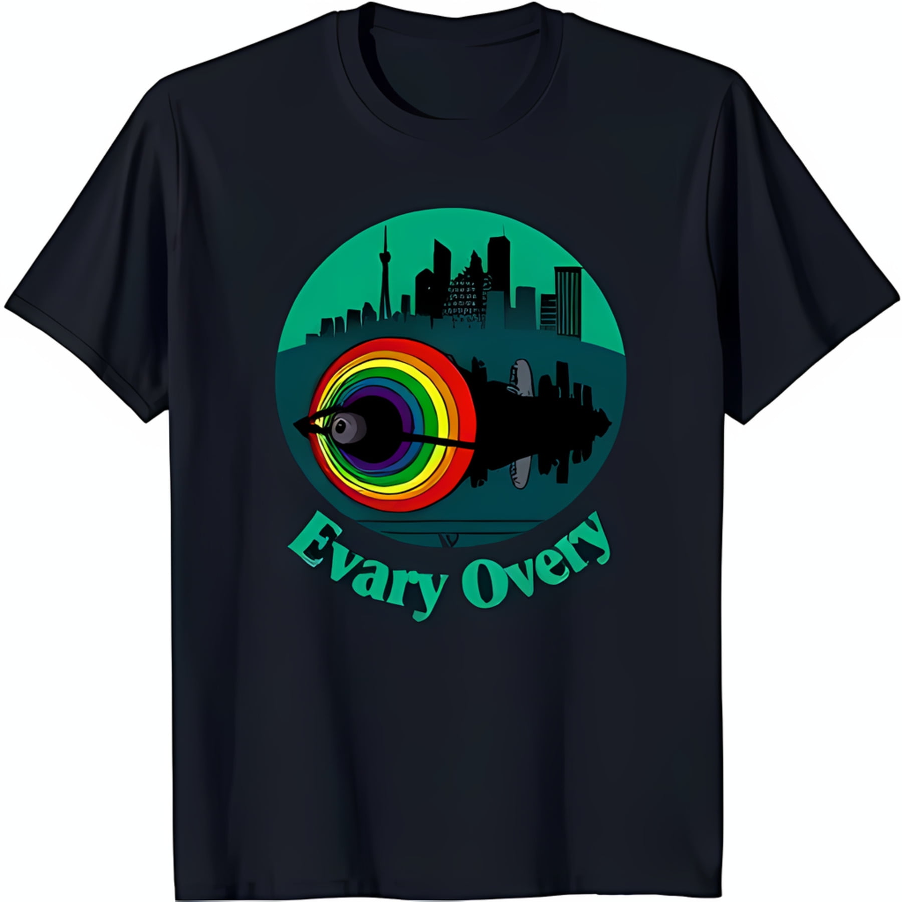 Black T-Shirt with Teal Circle Rainbow & Upside Down Cityscape Design ...