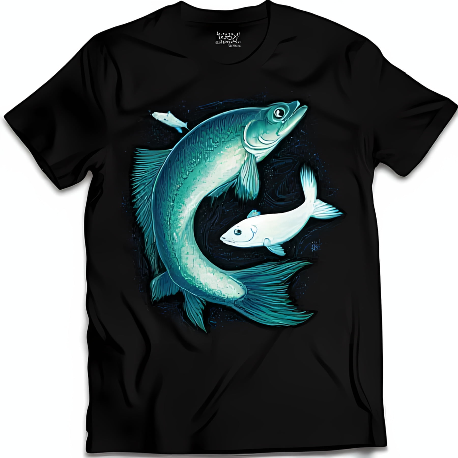 Black T-Shirt with Teal Fish Design Swimming in Circle & White Fish ...