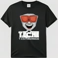 Black T-Shirt with 'TeeCH SHOWingers' Text and Cartoon Head Design ...