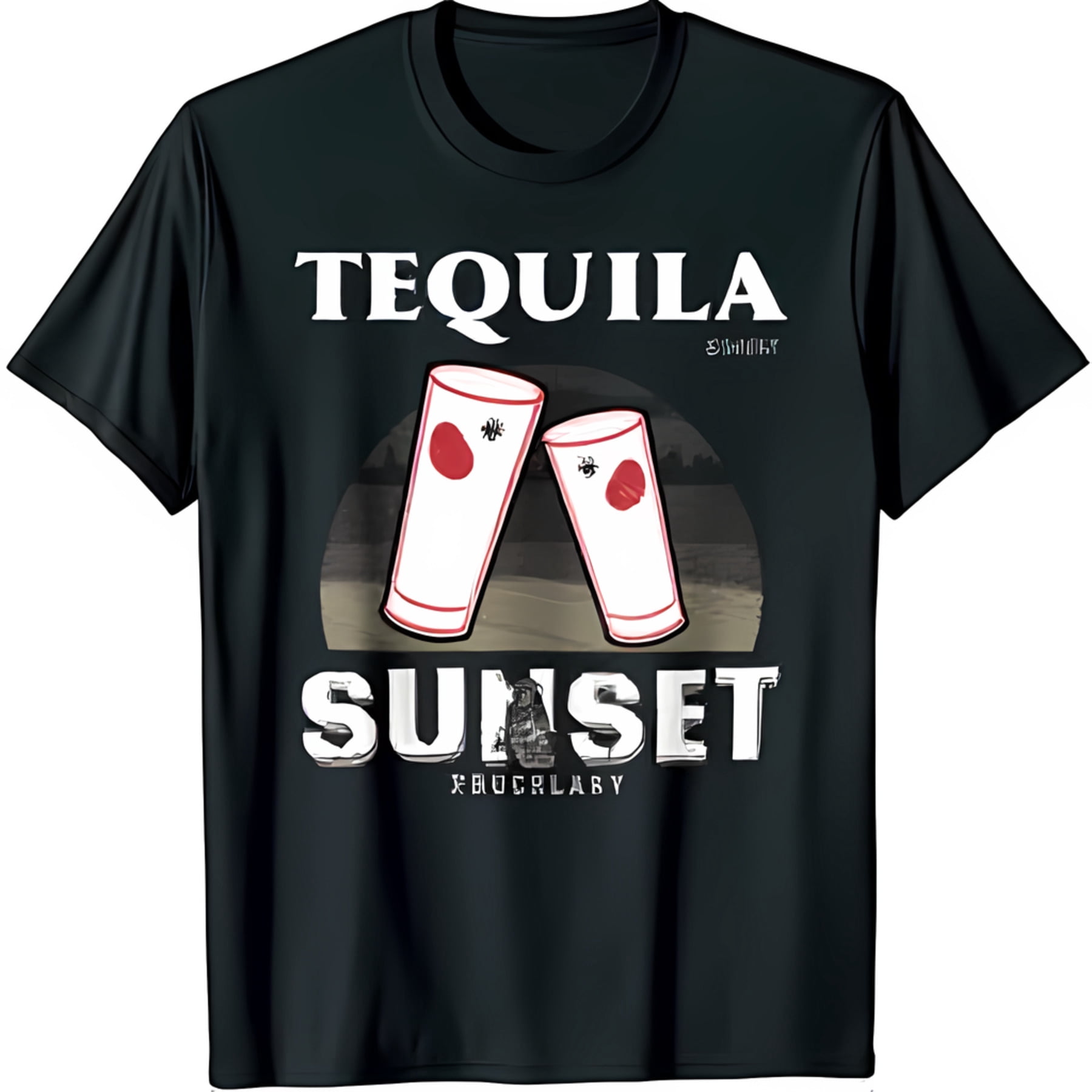 Black T-Shirt with Tequila Sunset Graphic & Toasting Shot Glasses ...