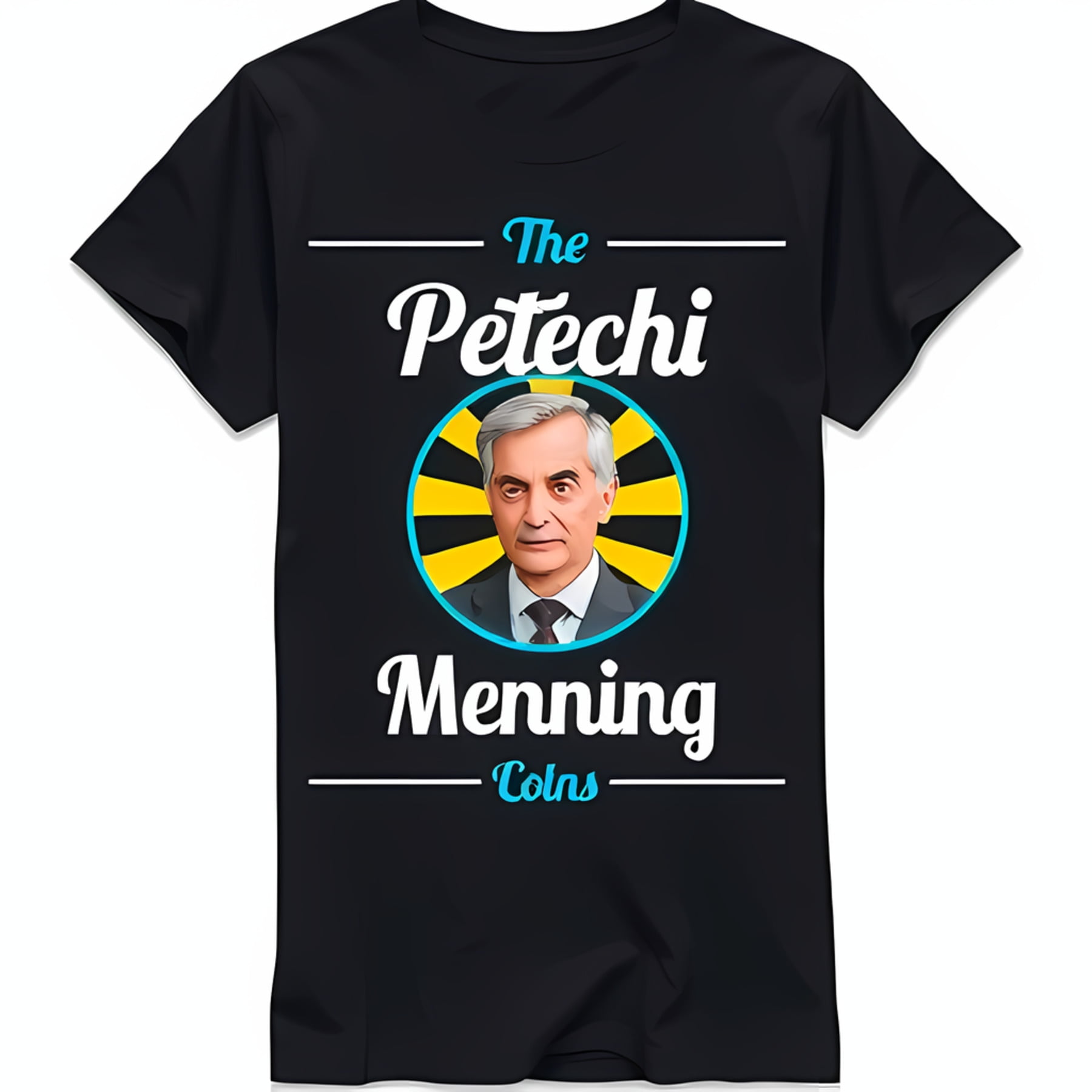 Black T-Shirt with 'The Petech Menning Colns' Graphic Design & Portrait ...