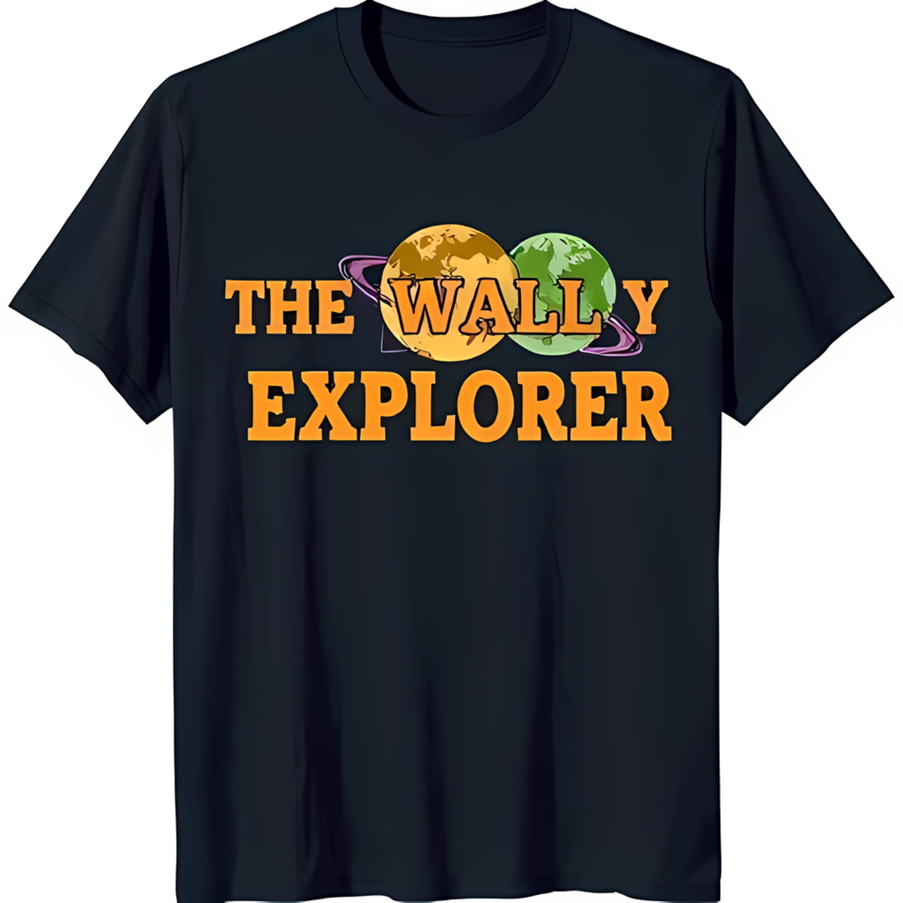 Black T-Shirt with 'The Wally Explorer' Graphic Design of 3 Orbiting ...