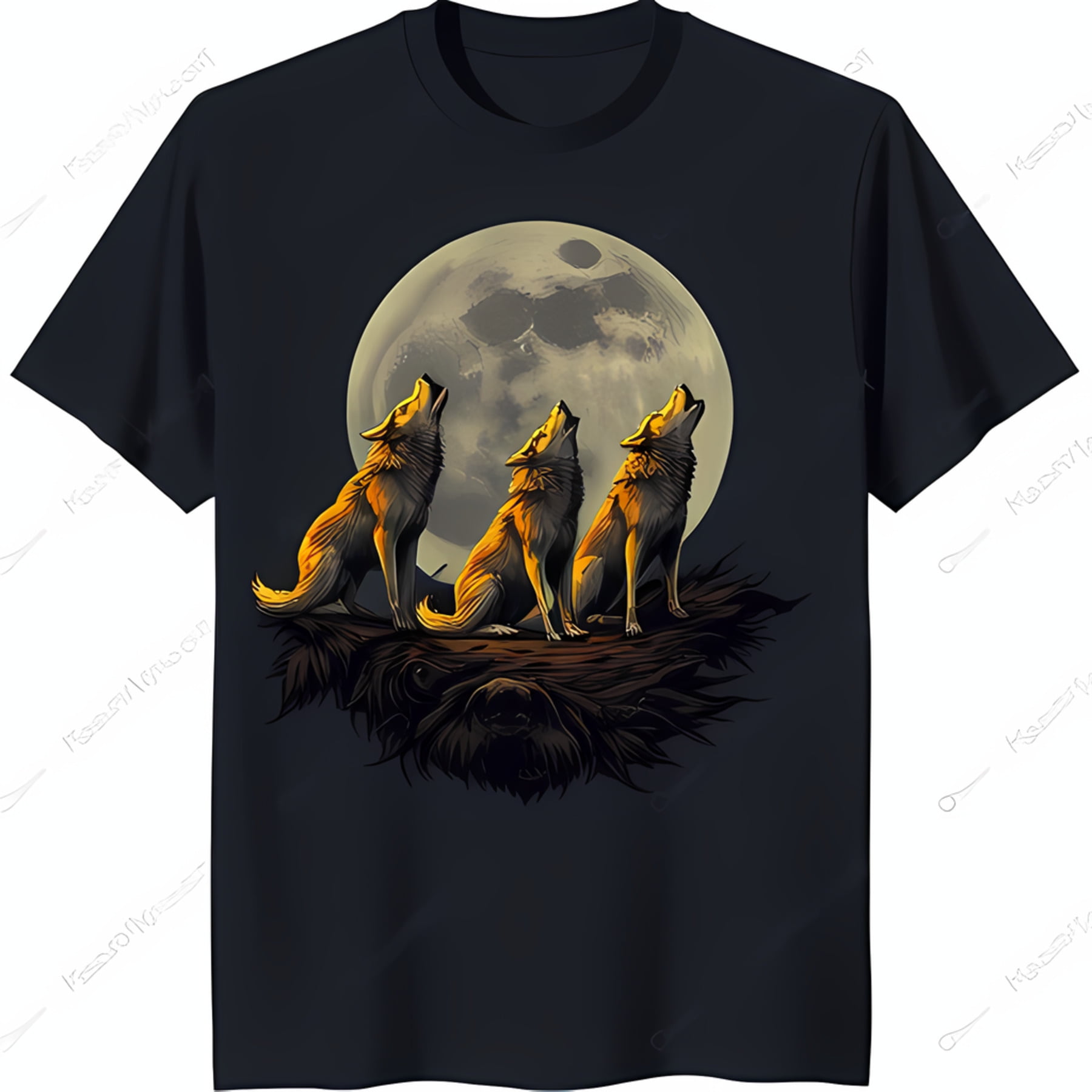Black T-Shirt with Three Howling Wolves Silhouetted Against a Full Moon ...