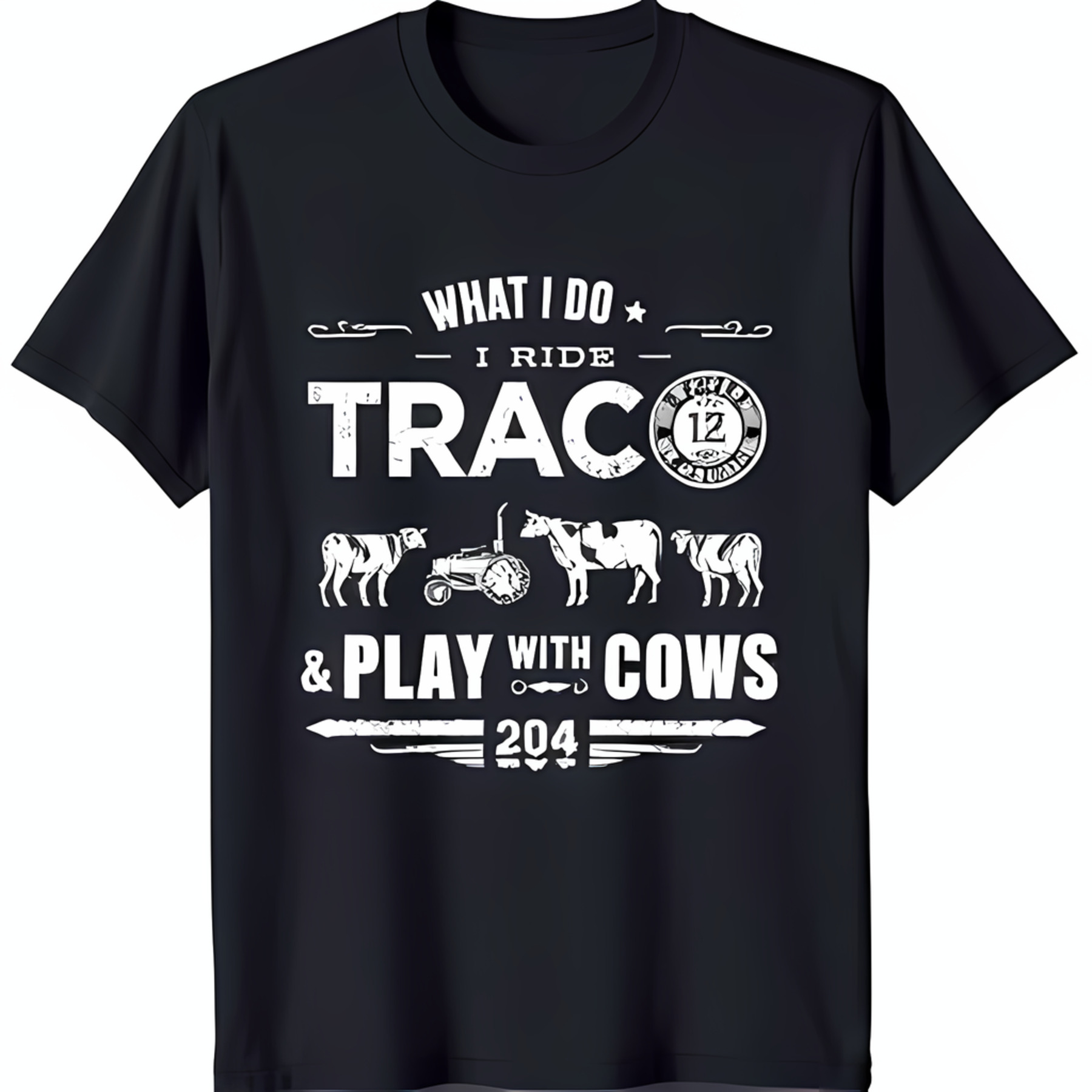 Black T-Shirt with Tractor and Cows Graphic 'I Ride Traco & Play with ...