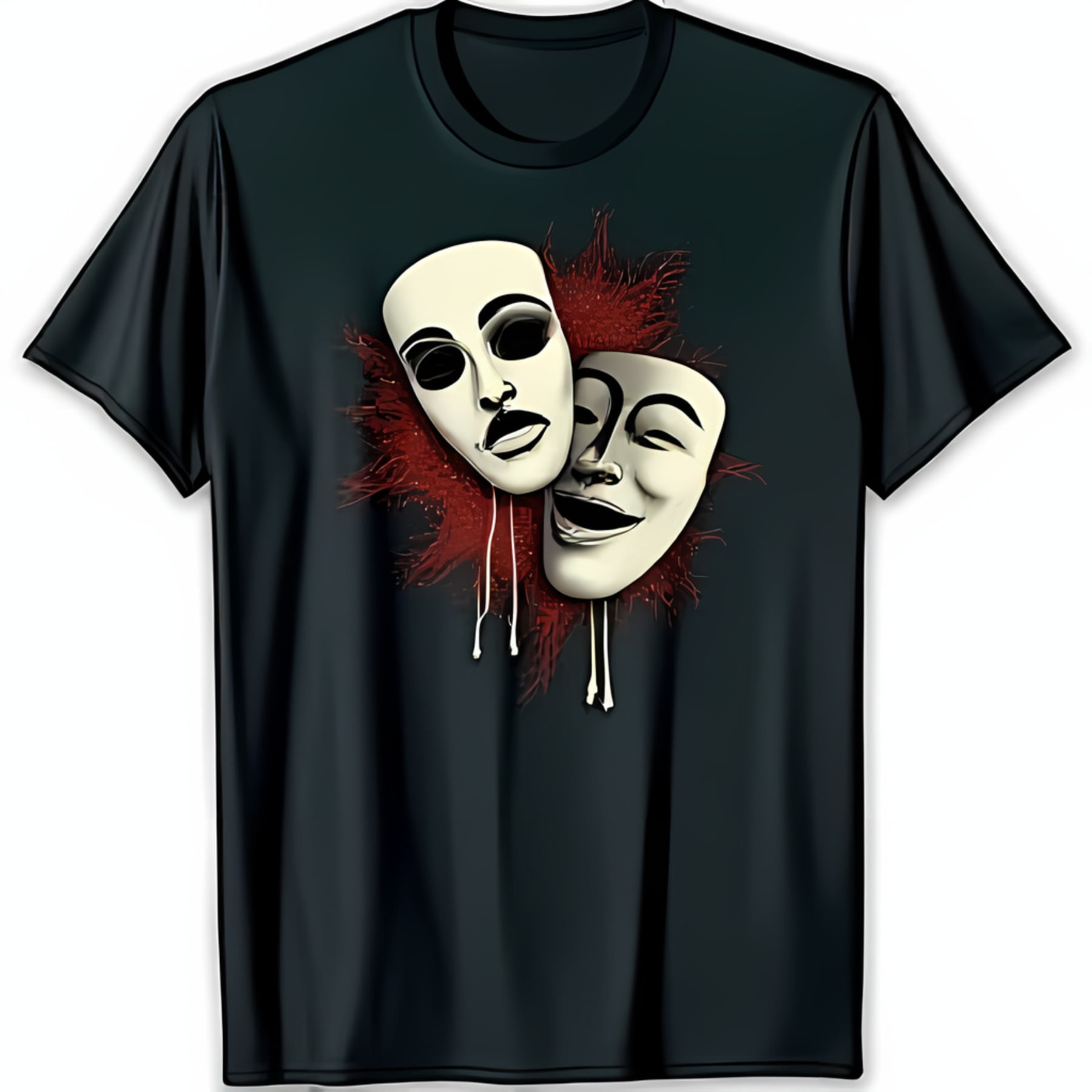 Black T-Shirt with Tragic and Comedic Design Striking Red Contrast ...