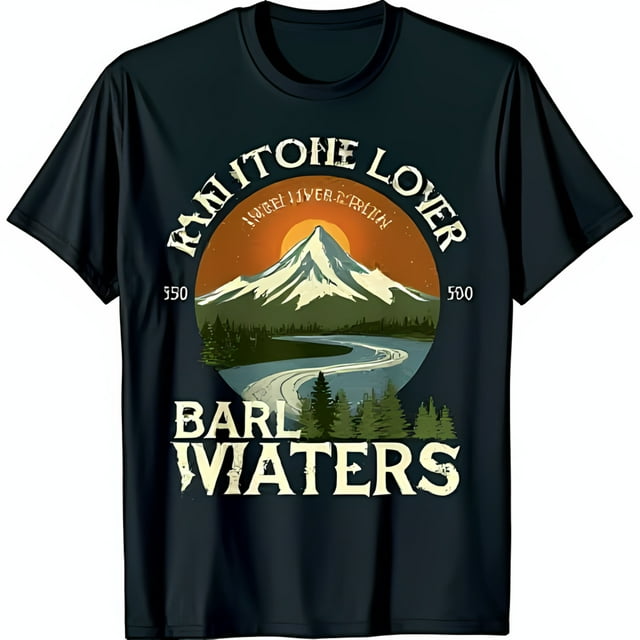 Black T-Shirt with Tranquil Mountain Range and Sunset River Design ...