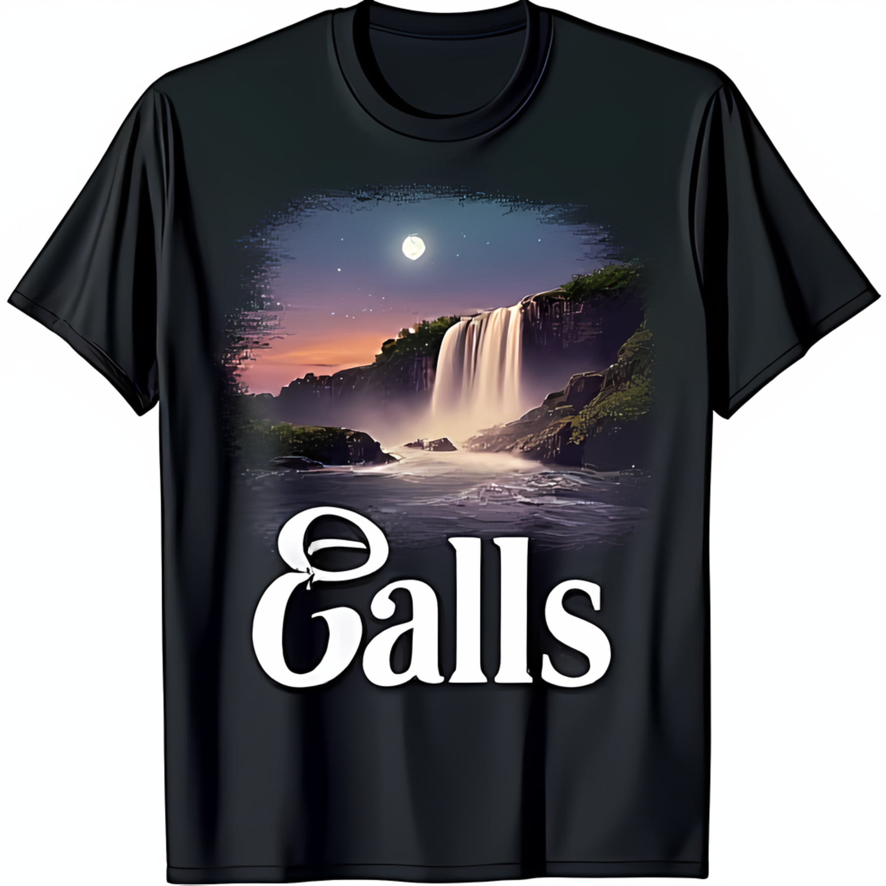 Black T-Shirt with Tranquil Waterfall and Full Moon Design Ealls ...