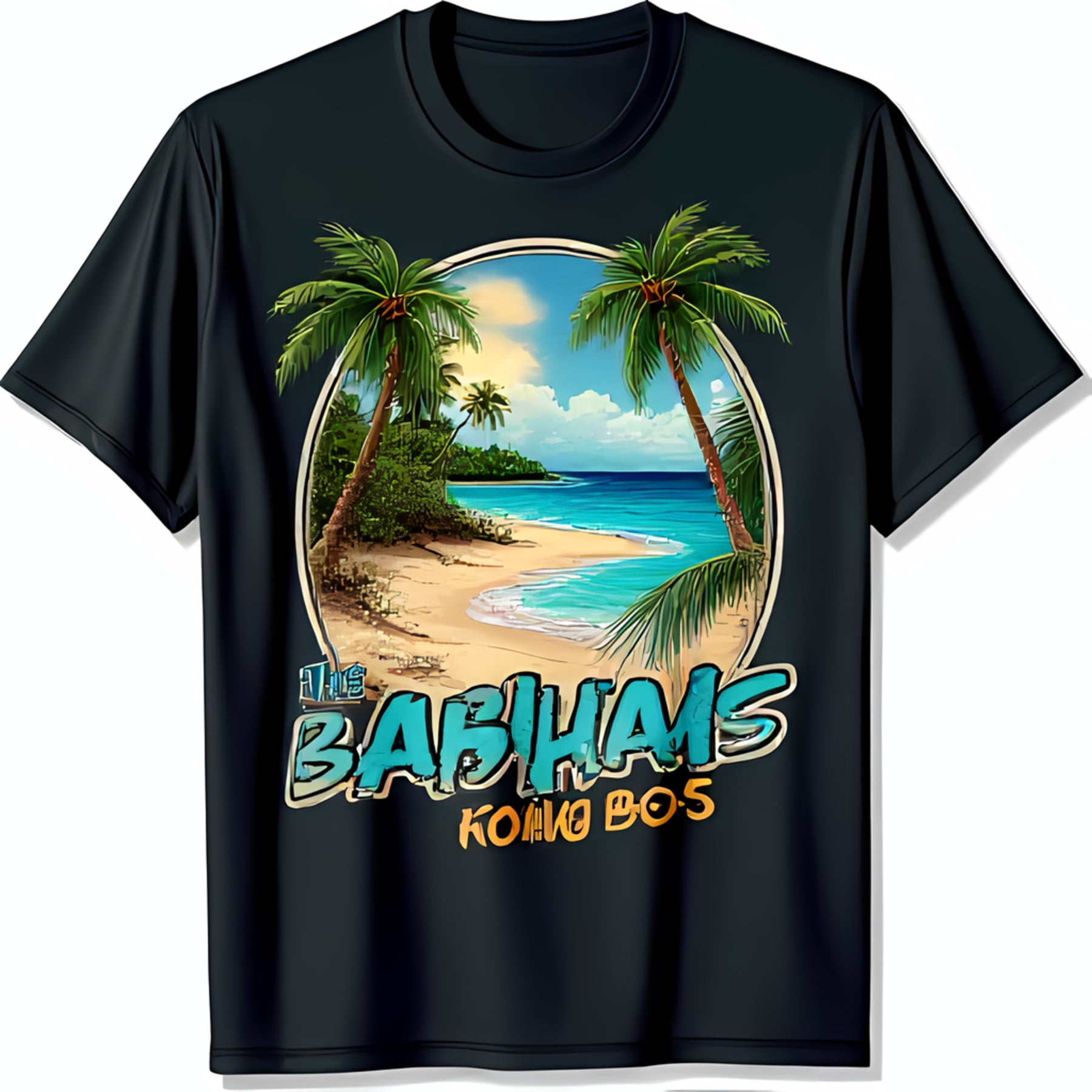 Black T-Shirt with Tropical Beach Scene Trees & 'The Bahamas' Design ...