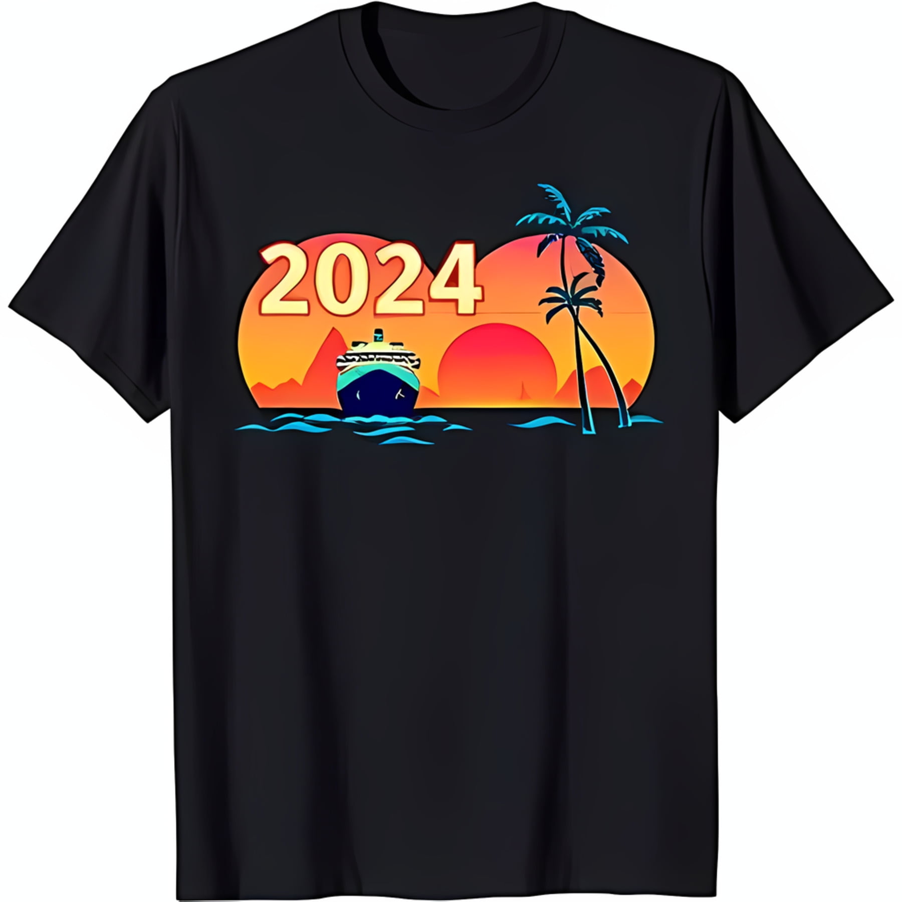 Black T-Shirt with Tropical Cruise Ship Sunset Design & 2024 Year ...