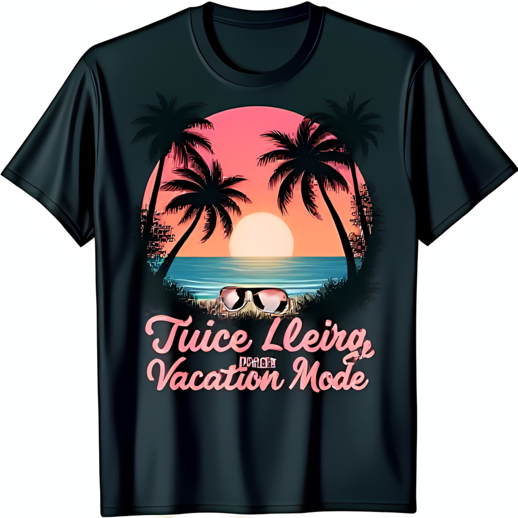 Black T-Shirt with Tropical Sunset Graphic & 'Twice Lei'rg Vacation ...