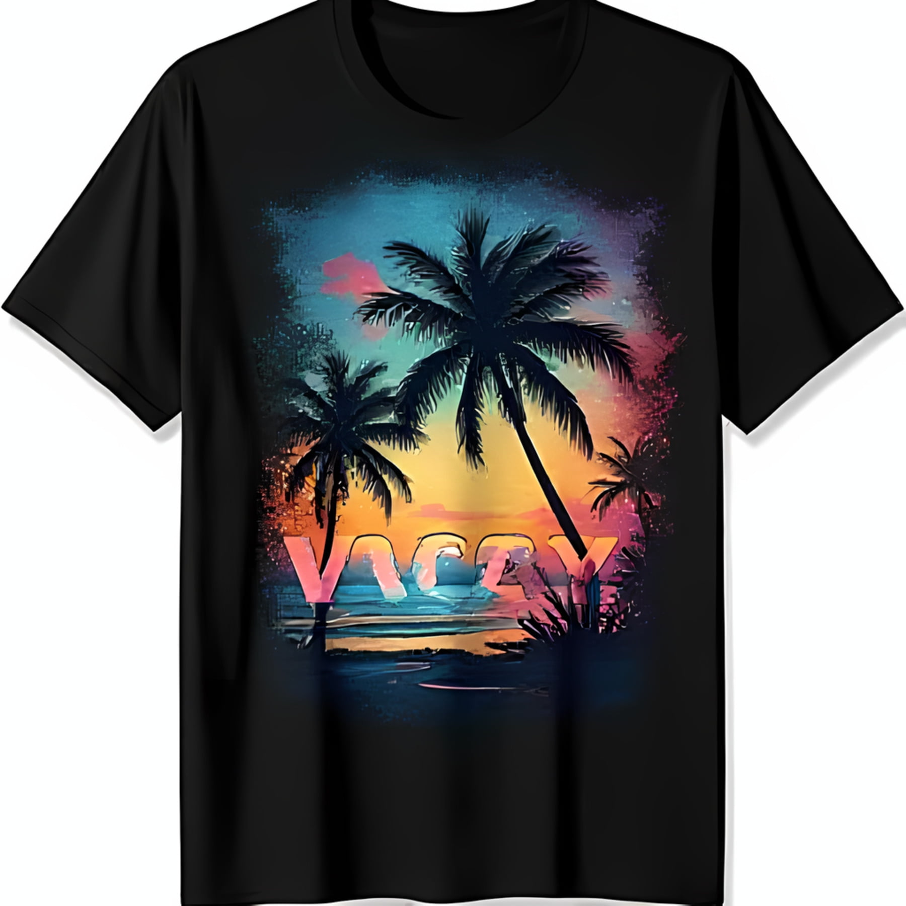 Black T-Shirt with Tropical Sunset Graphic & VACAY Print - Walmart.com
