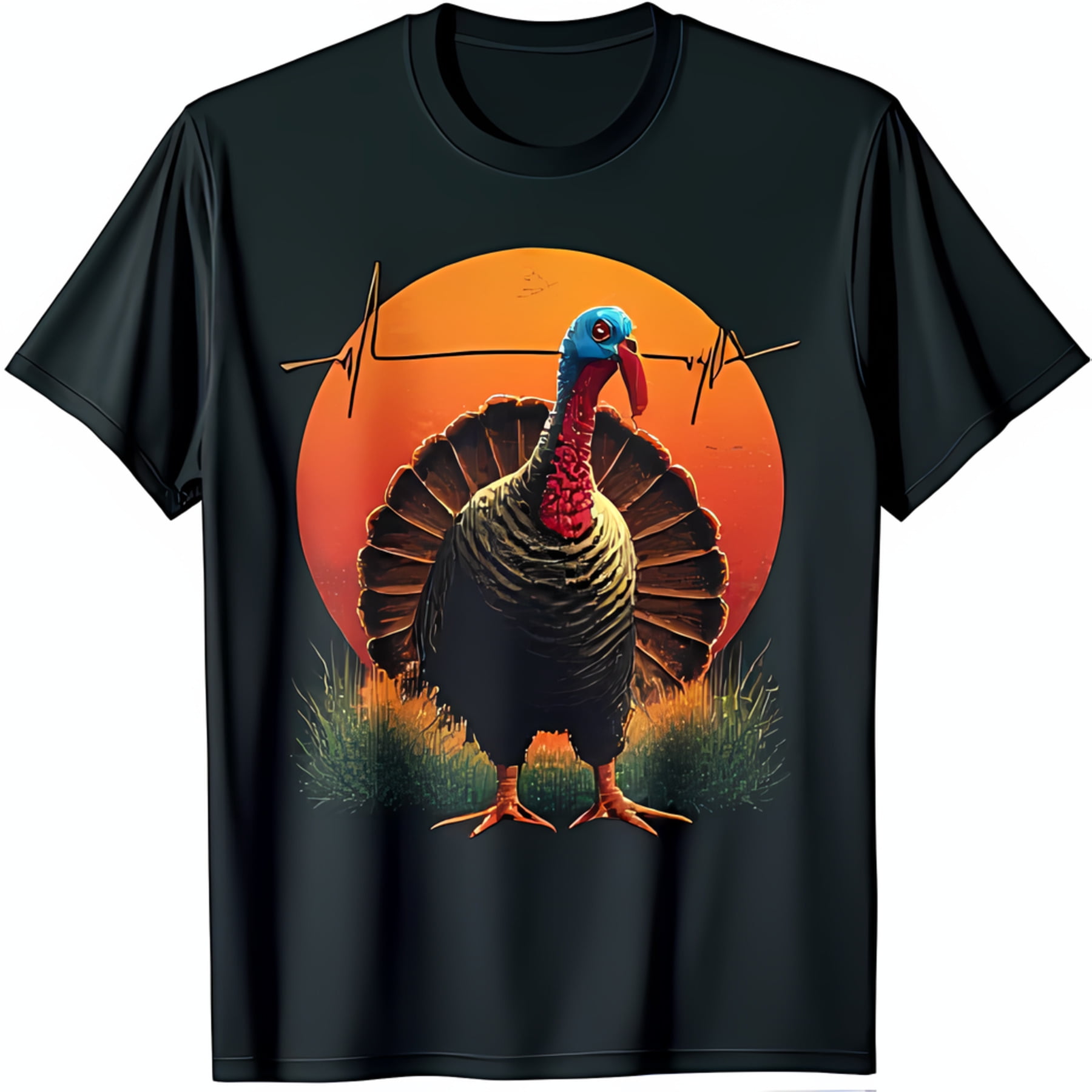Black T-Shirt with Turkey Graphic Heartbeat Line & Sunset Design ...