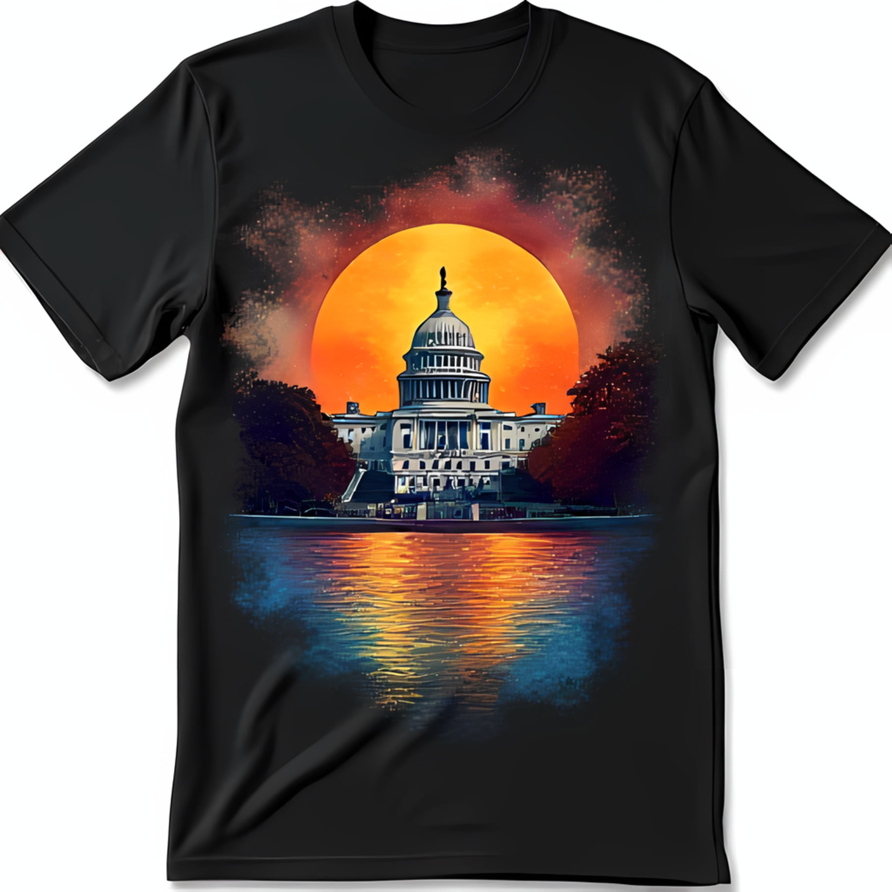 Black T-Shirt with US Capitol Building and Golden Sunset Design Symbol ...