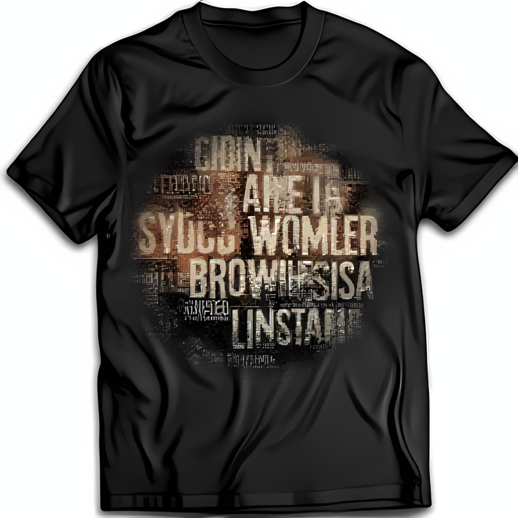 Black T-Shirt with Unique Blurred Word Design Weathered Brick Wall ...