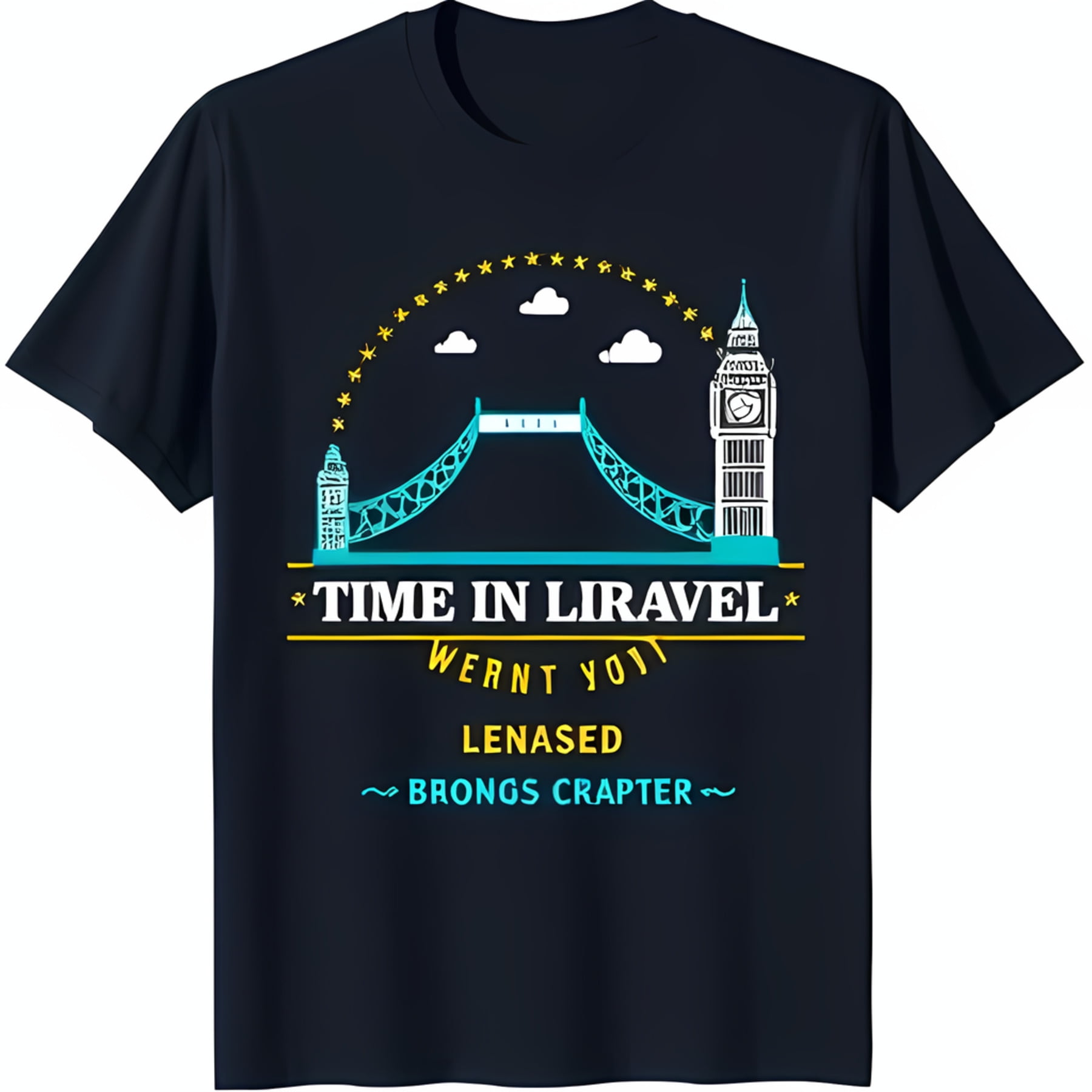 Black T-Shirt with Unique Bridge Design Star Cloud Pattern & Text ...