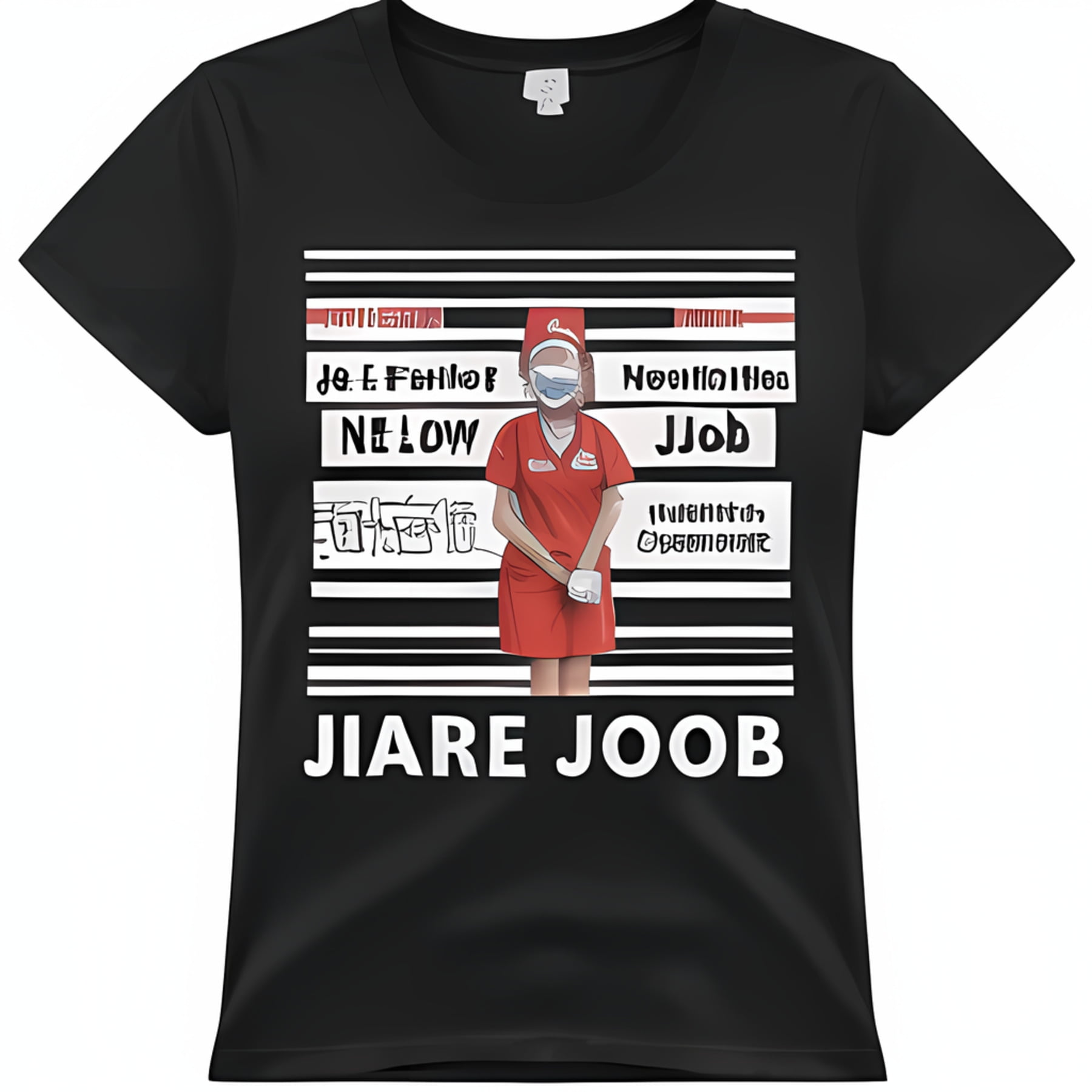 Black T-Shirt with Unique Character Illustration in Red Dress and Mask ...