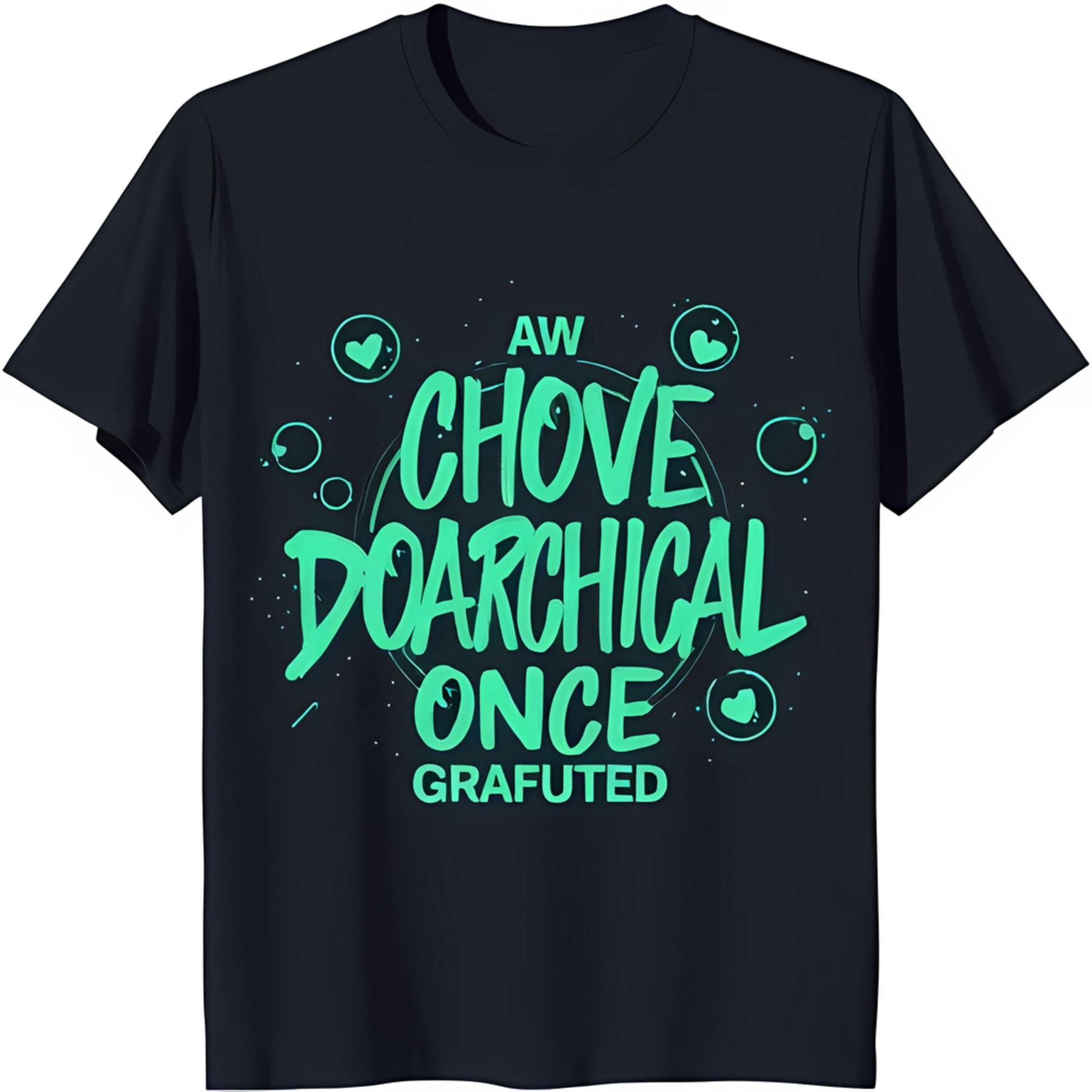 Black T-Shirt with Unique Circle Design: 'AW CHOVE DOARCHICAL ONCE ...