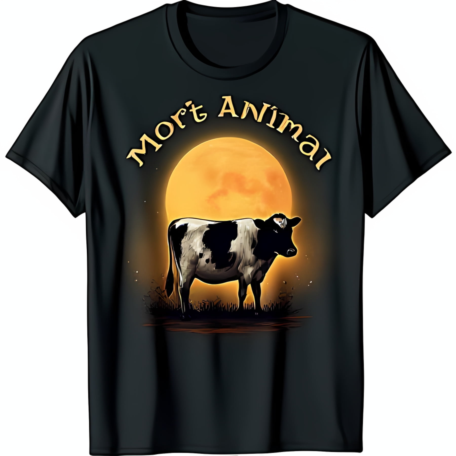 Black T-Shirt with Unique Cow Graphic and Yellow Moon Design Mort ...