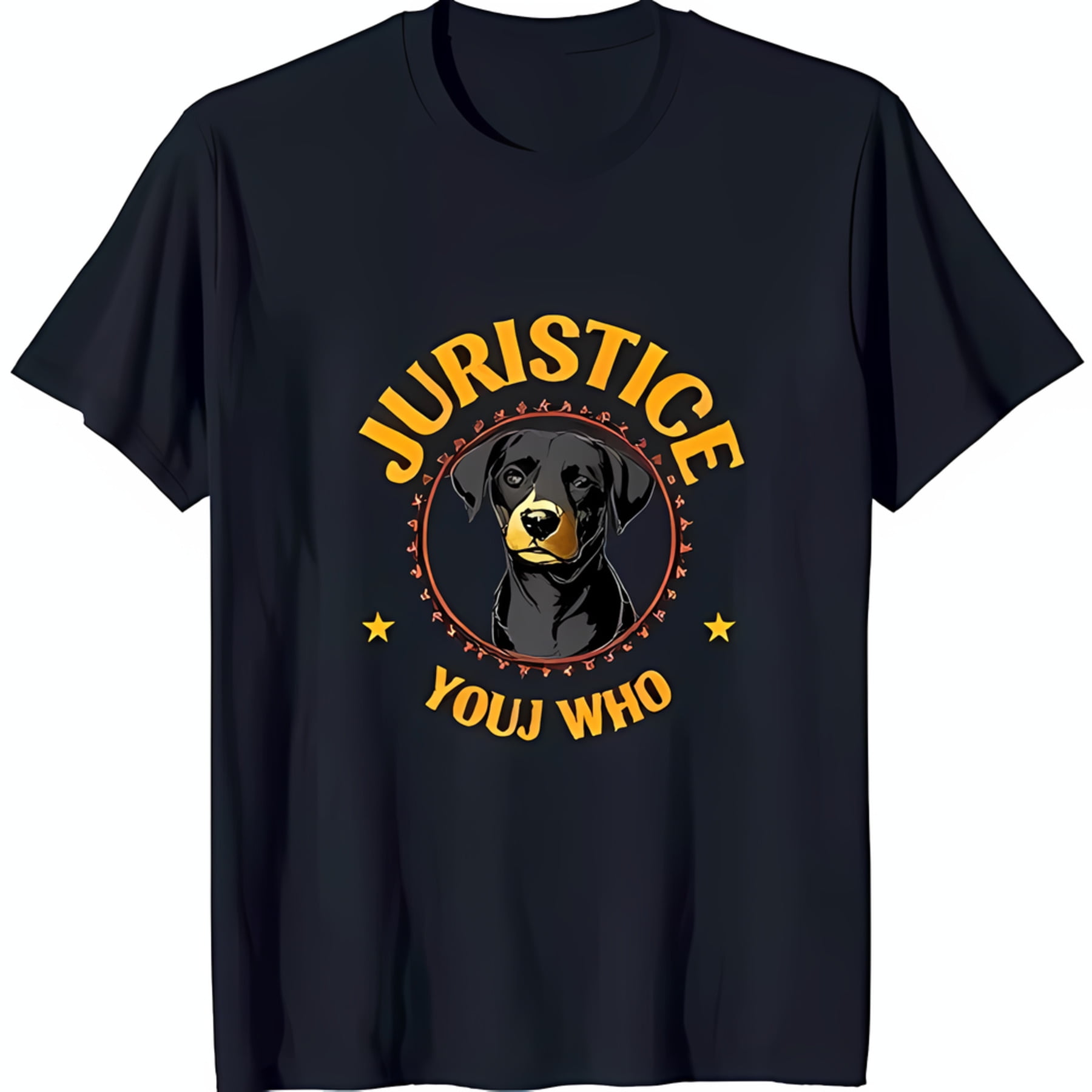 Black T-Shirt with Unique Dog Head Graphic & 'JURISTICE YOUJ WHO' Text ...