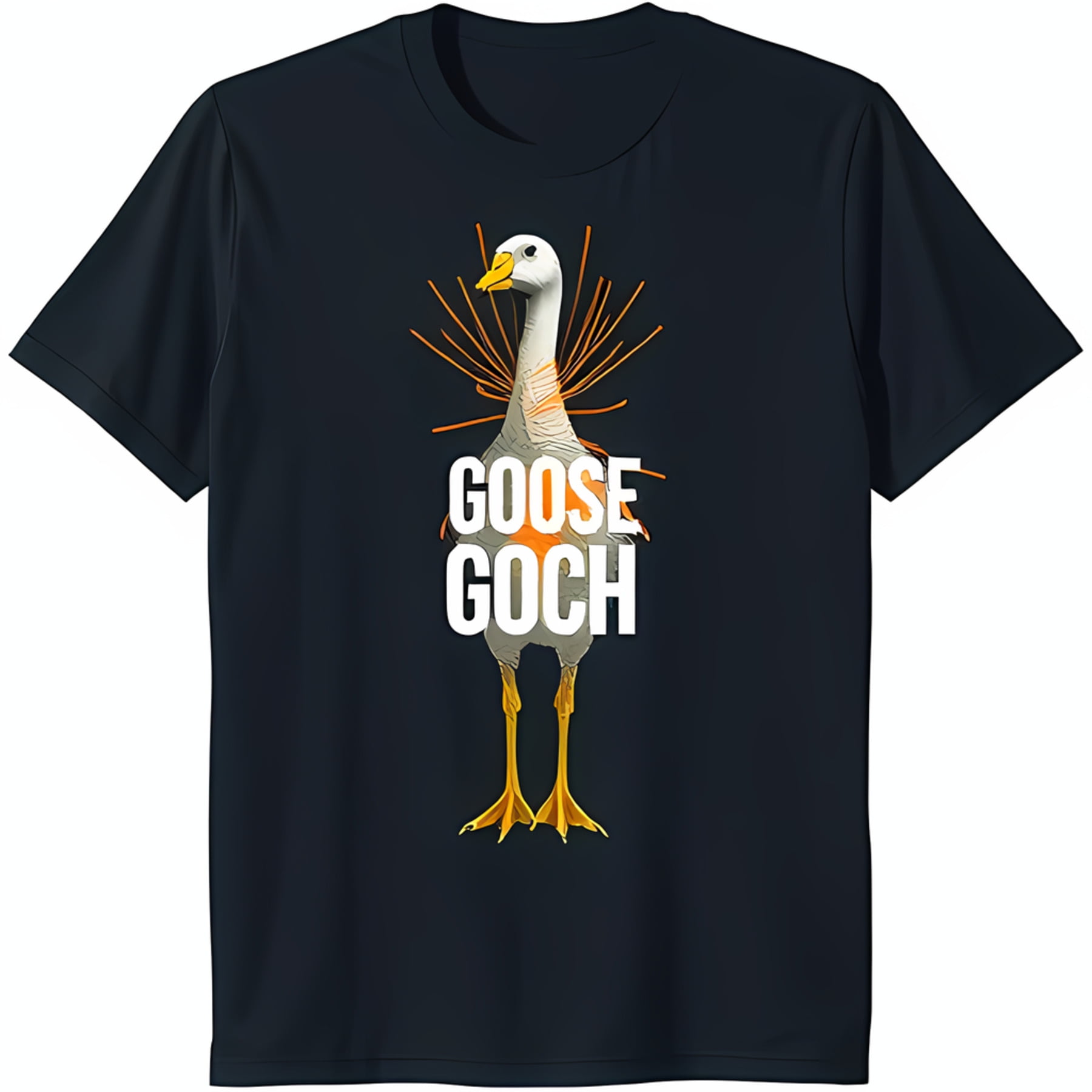 Black T-Shirt with Unique Goose Graphic: Feathers & 'Goose Goch' Text ...