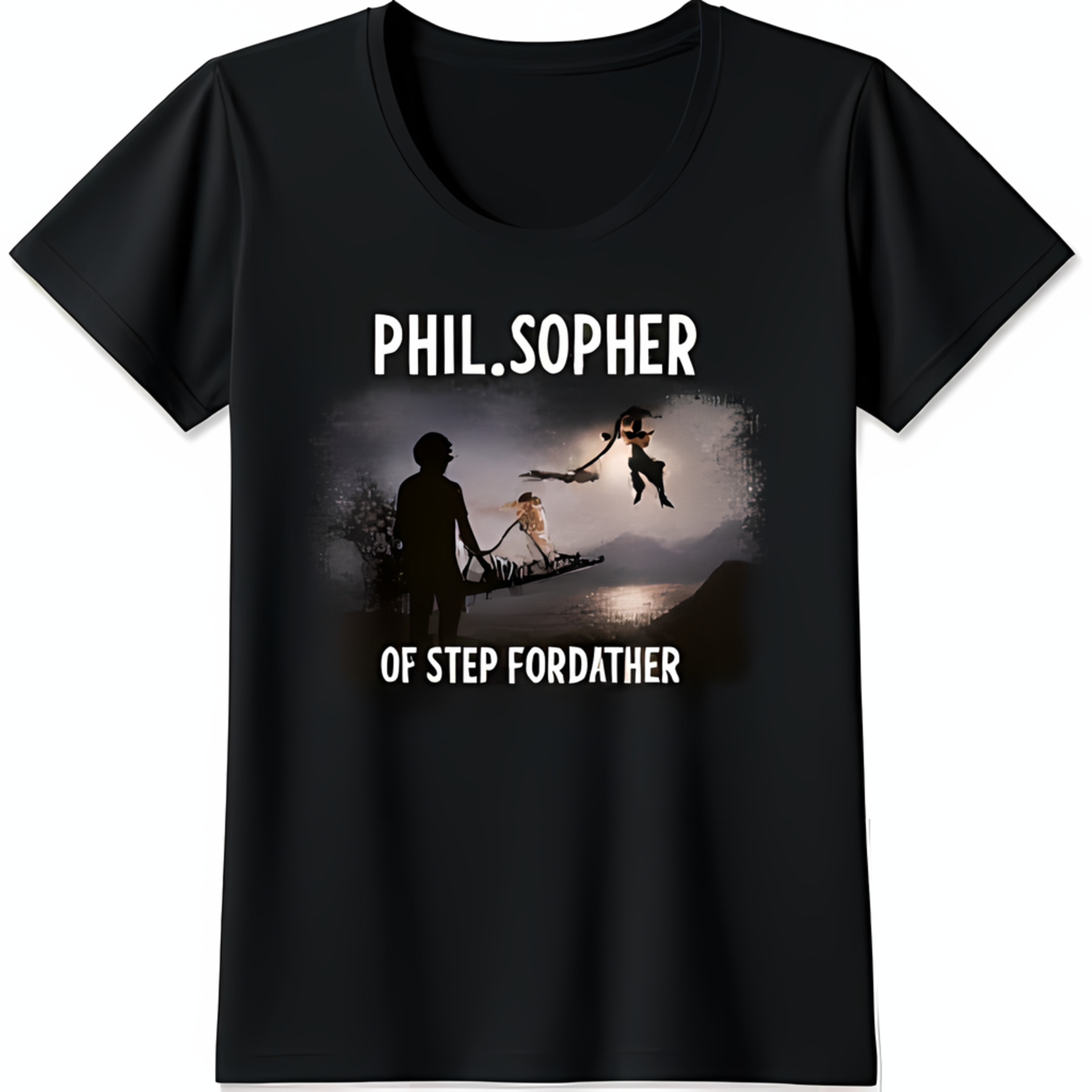 Black T-Shirt with Unique Graphic Man with Stick & Flying Figure PHIL ...