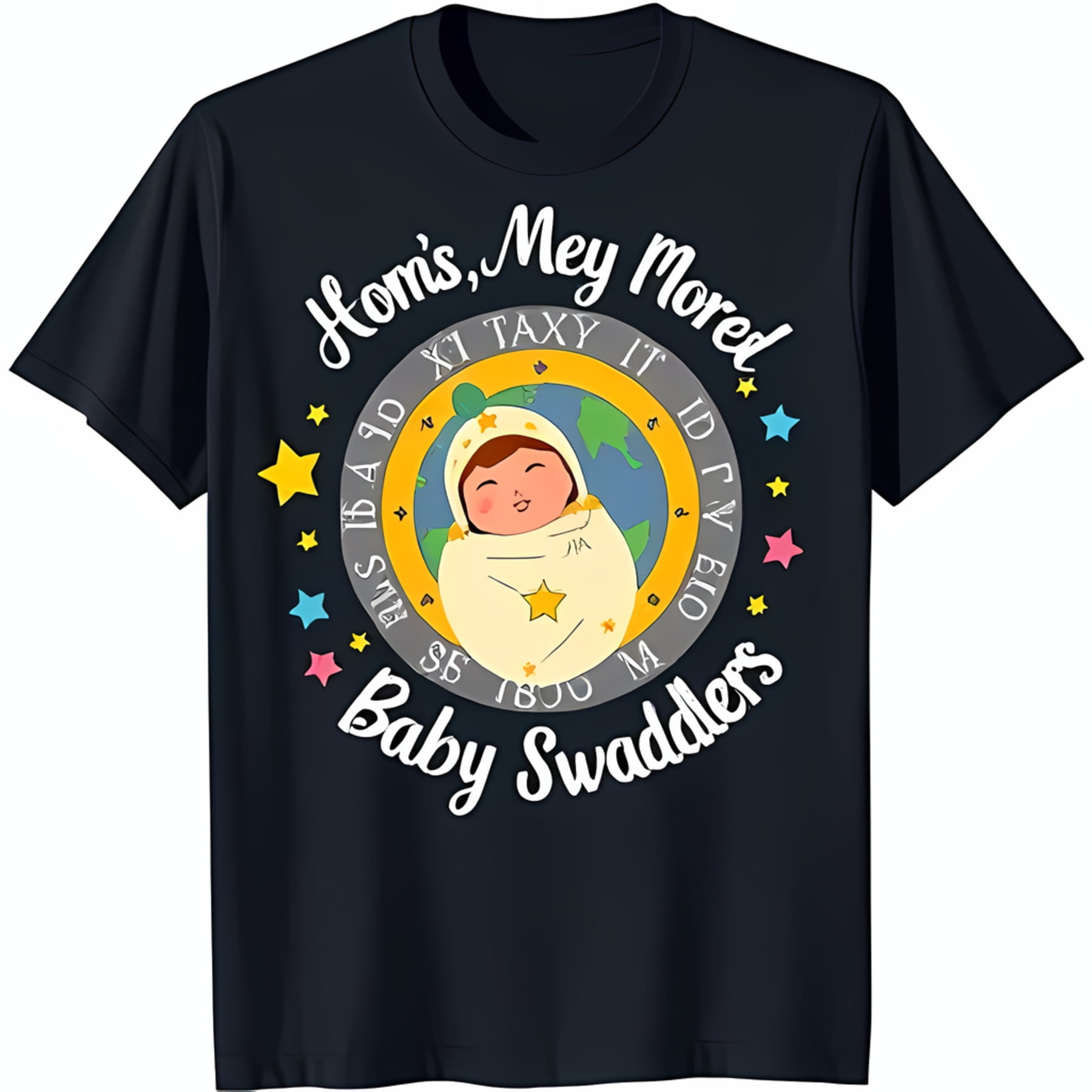 Black T-Shirt with Unique 'Hom's Mey Morel Swaddlers' Graphic & Starry ...