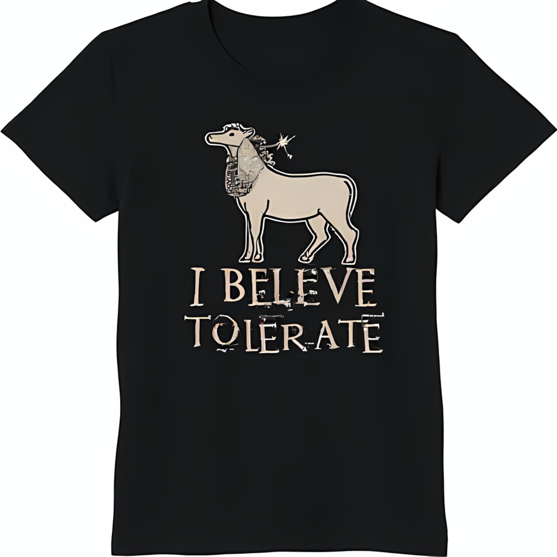 Black T-Shirt with Unique Horned Creature Graphic & I Believe Tolerate ...