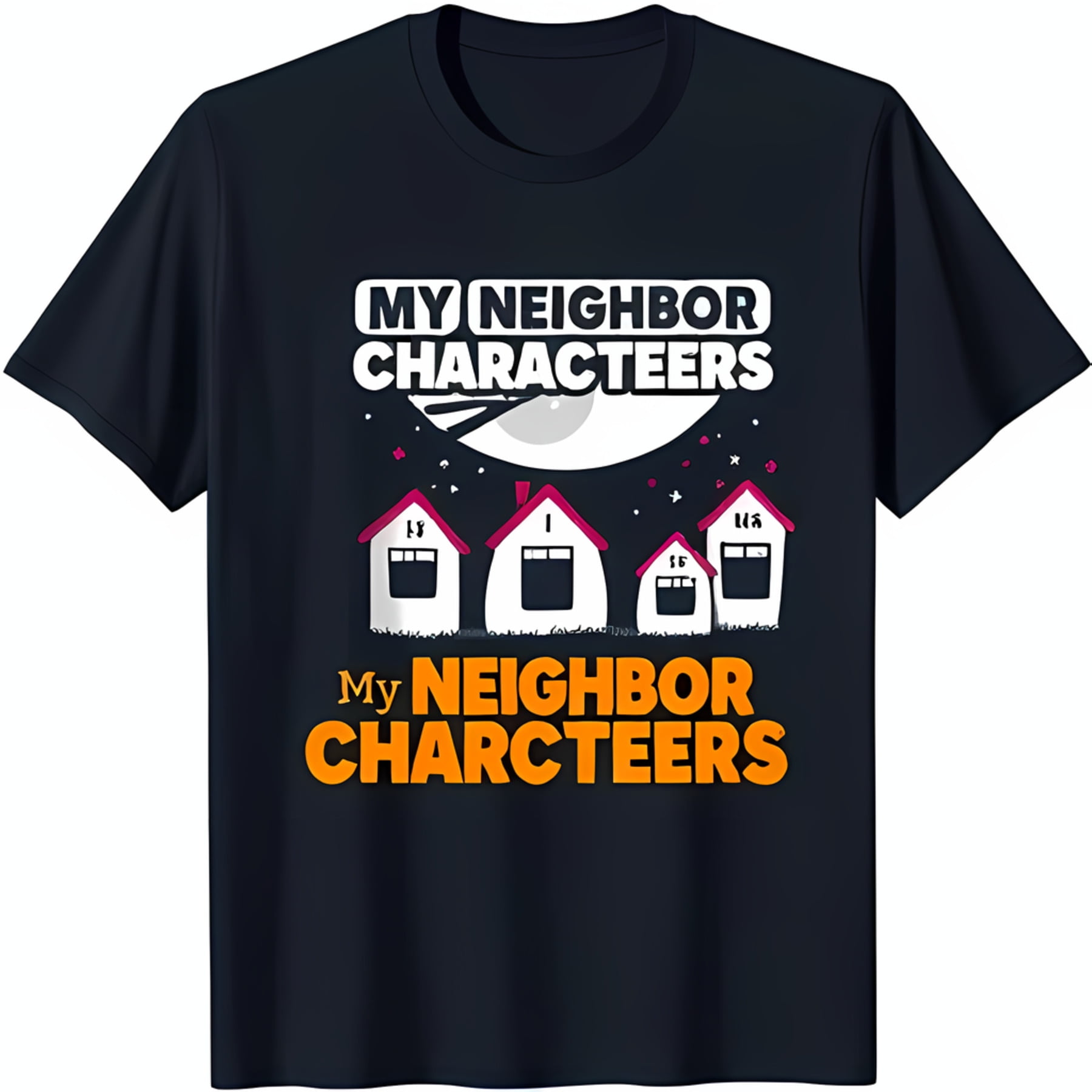 Black T-Shirt with Unique 'My Neighbor Characters' Graphic Design Eye ...