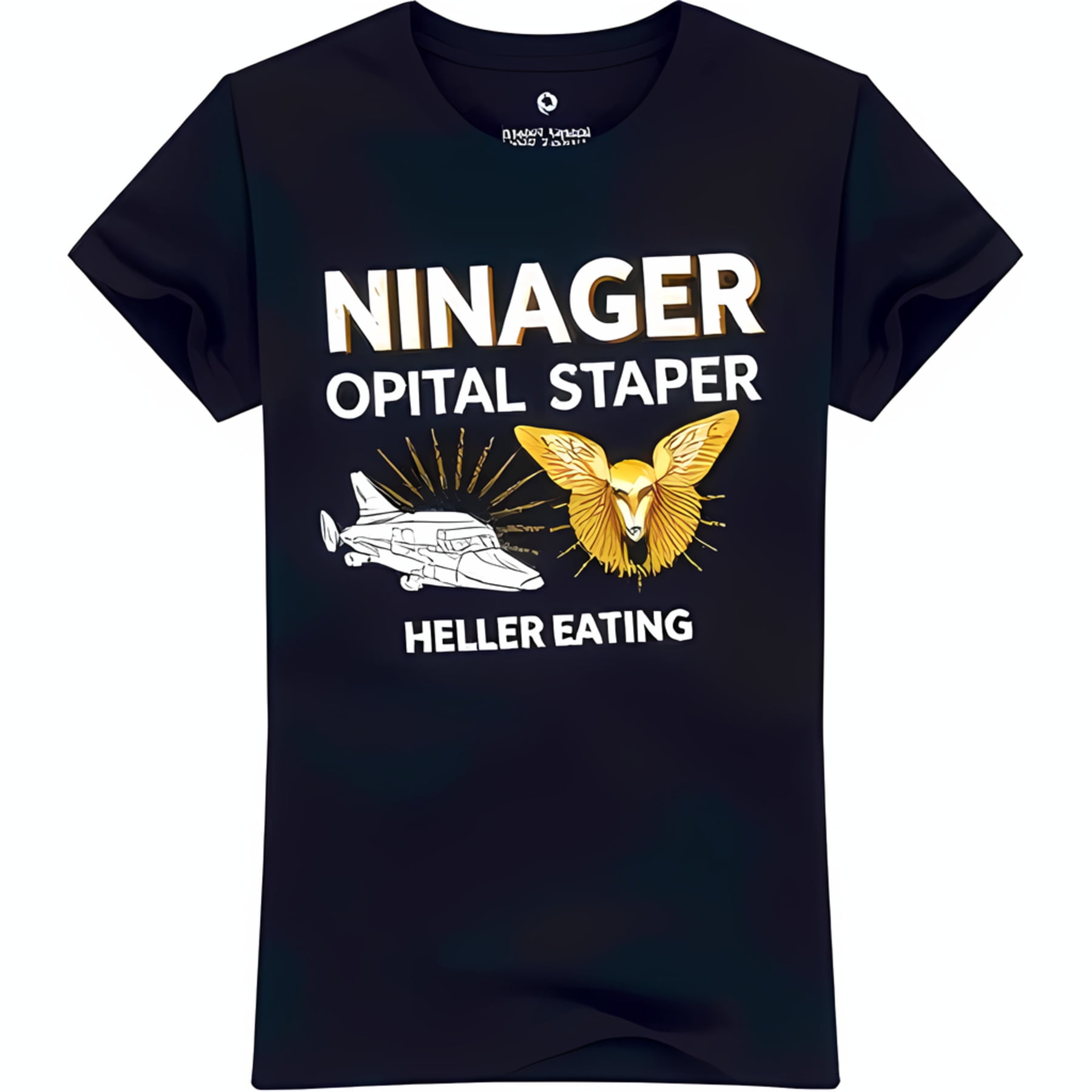 Black T-Shirt with Unique 'Ninager Opital Staper Heller Eating' Design ...